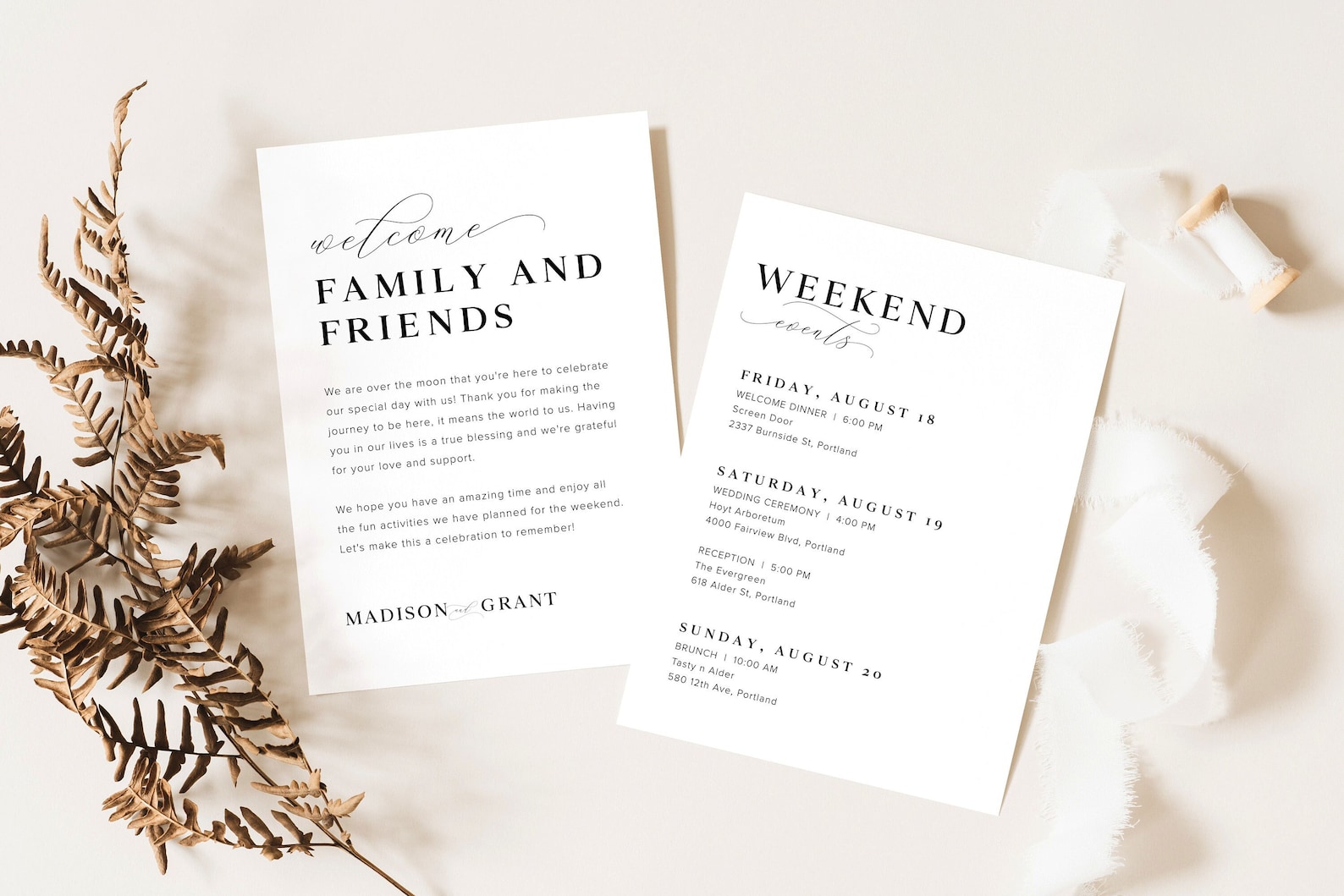 Wedding Weekend Events Timeline Template, Minimalist Wedding Order of ...