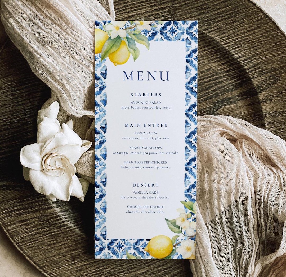 Mediterranean Wedding Menu Template, Italy Wedding Menu Blue Tile Lemon ...