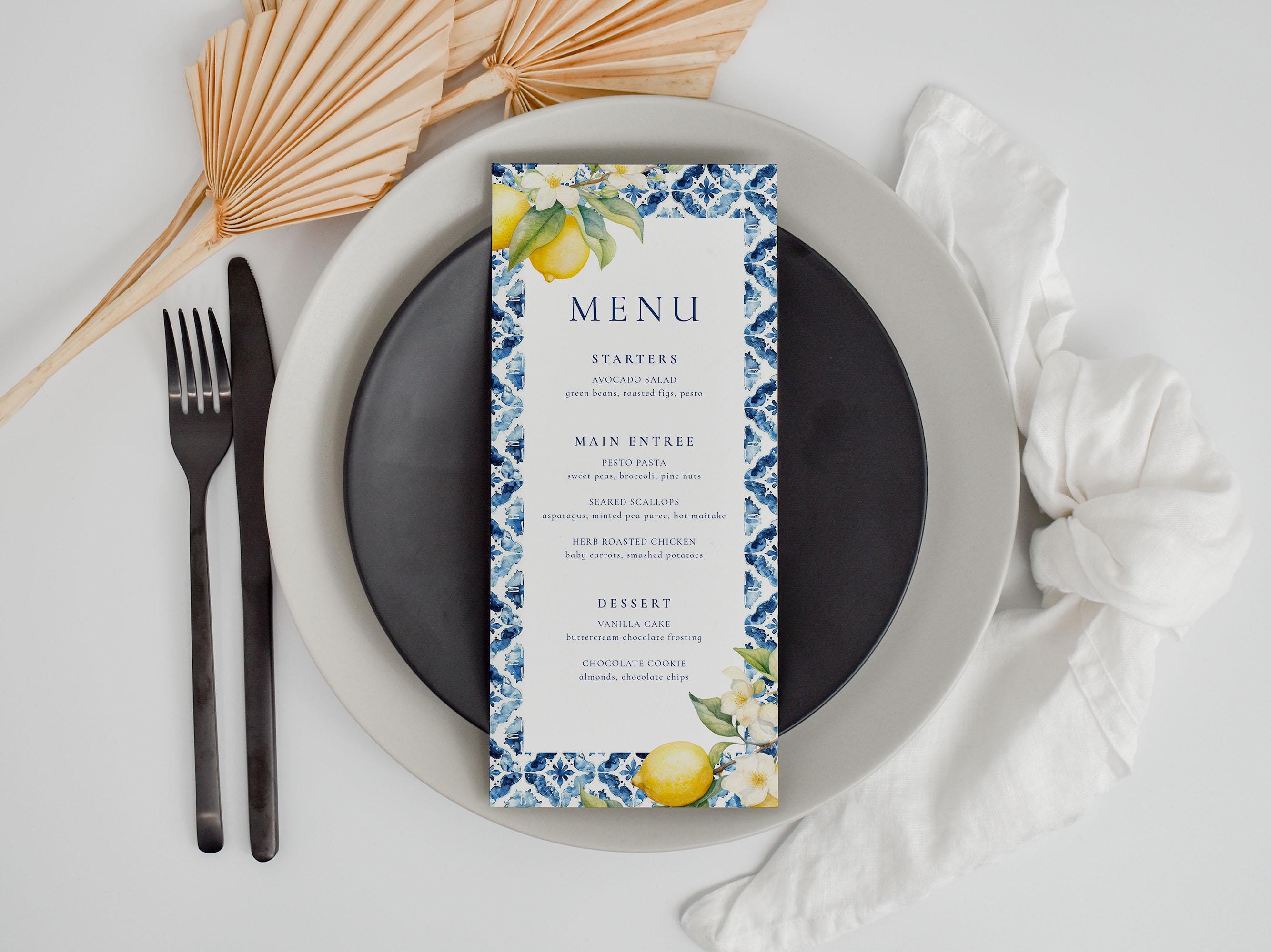 Mediterranean Wedding Menu Template, Italy Wedding Menu Blue Tile Lemon ...