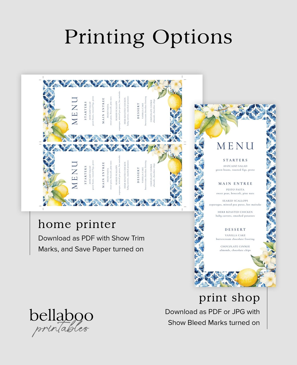 Mediterranean Wedding Menu Template, Italy Wedding Menu Blue Tile Lemon ...