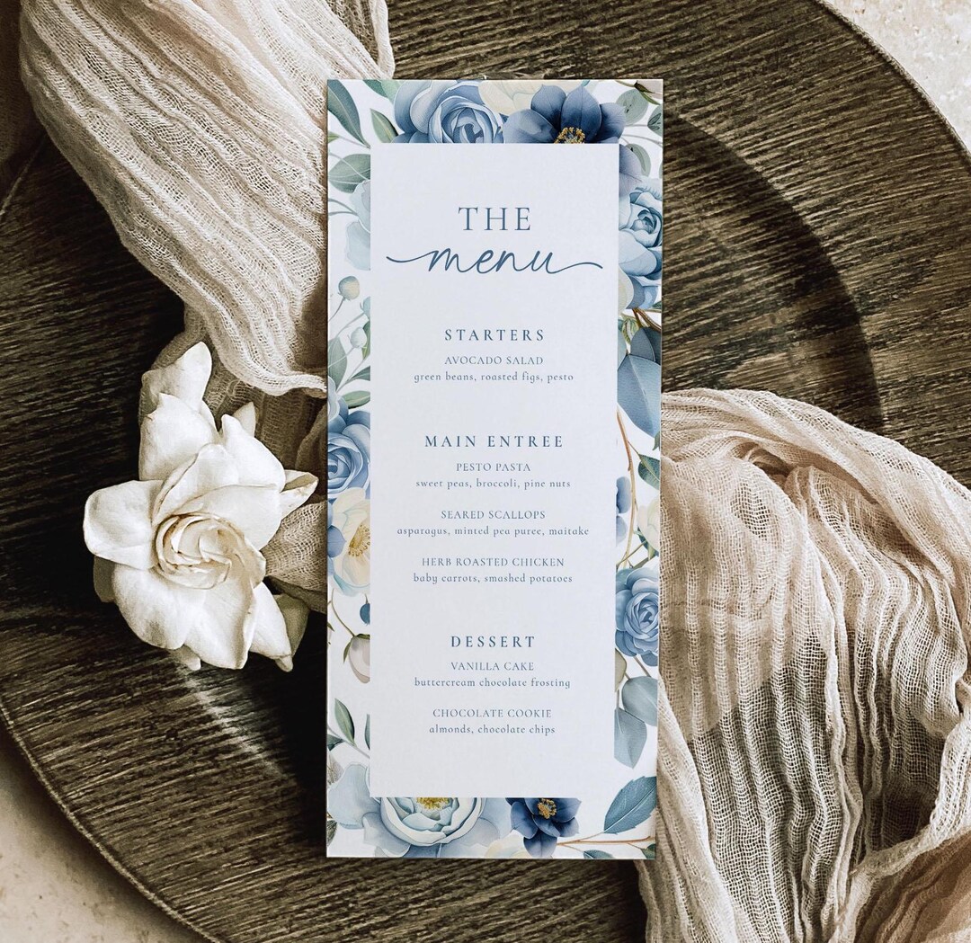 Blue Floral Menu Template, Wildflower Wedding Menu Floral Bridal Shower ...