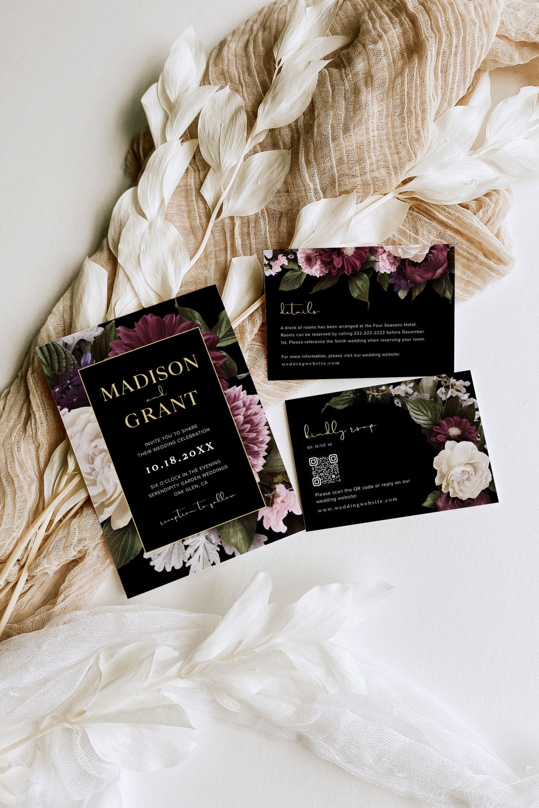 Dark Wedding Invitation Set Templates, Garden Flower Wedding, Floral ...