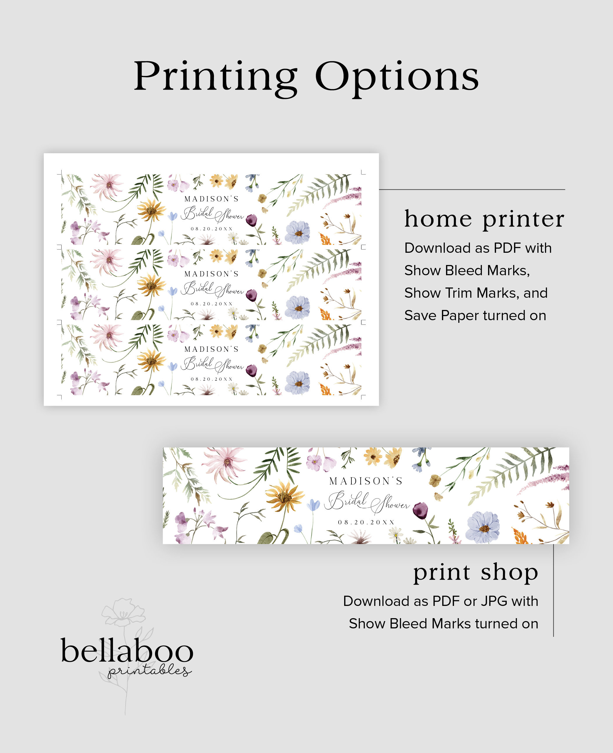 Water Bottle Label Template, Wildflower Bottle Label, Wildflower Bridal ...