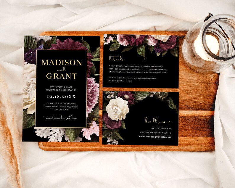 Dark Wedding Invitation Set Templates Garden Flower Wedding - Etsy