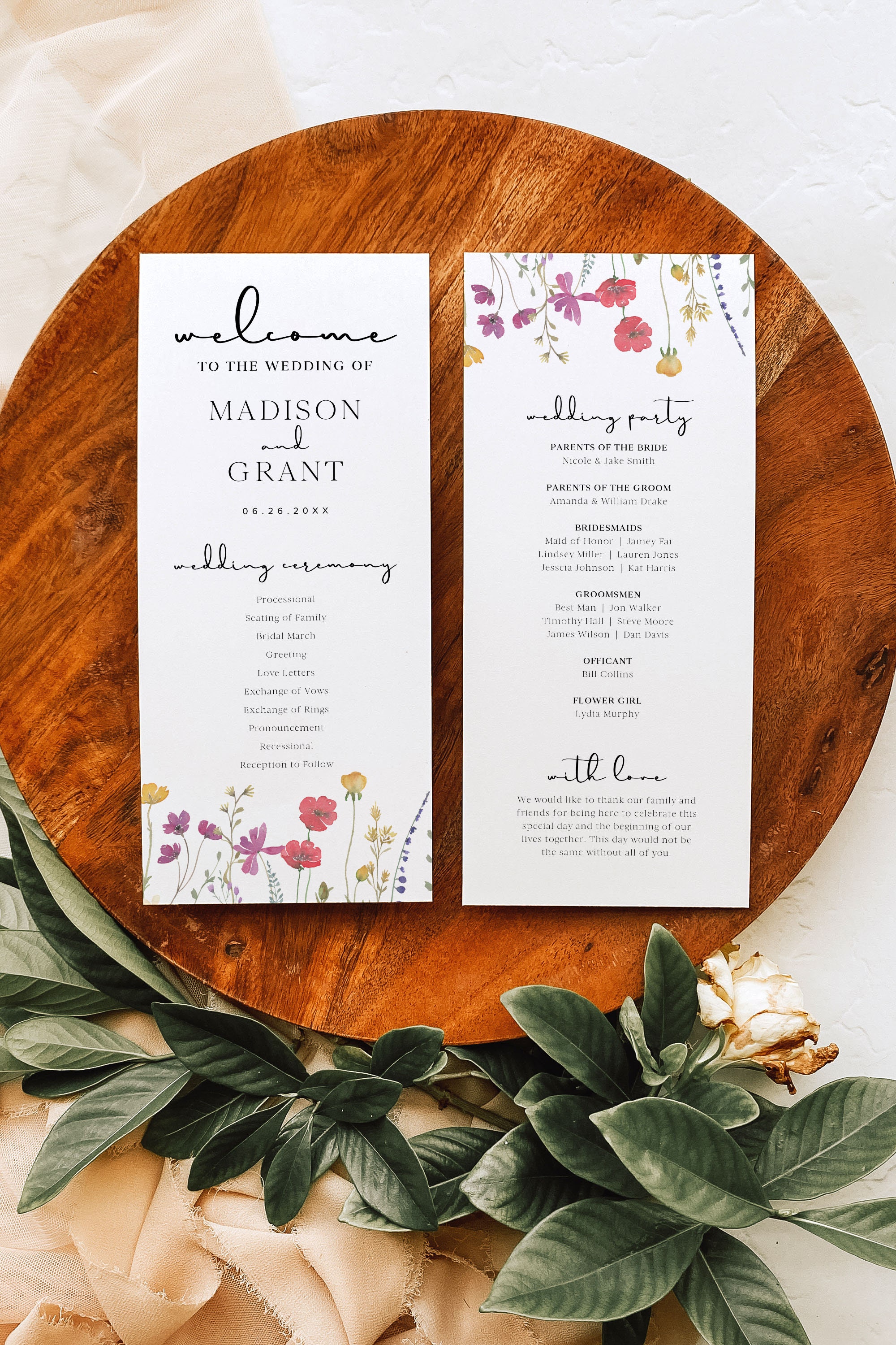 Floral Ceremony Program Template, Boho Wedding Program Card, Wildflower Order of Service, DIY ...