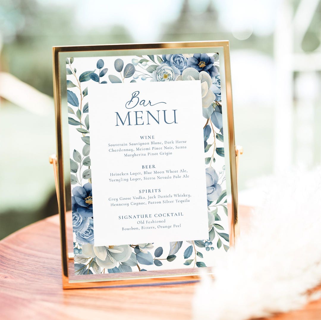 Floral Bar Menu Template, Printable Bar Menu Sign Dusty Blue Drinks ...