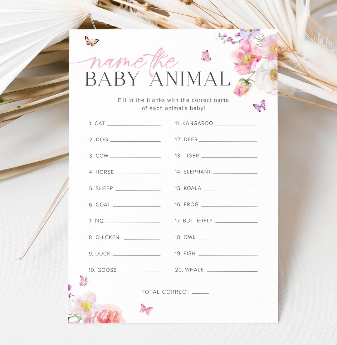 Name the Baby Animal Baby Shower Game Template, Baby Animal Names Game ...