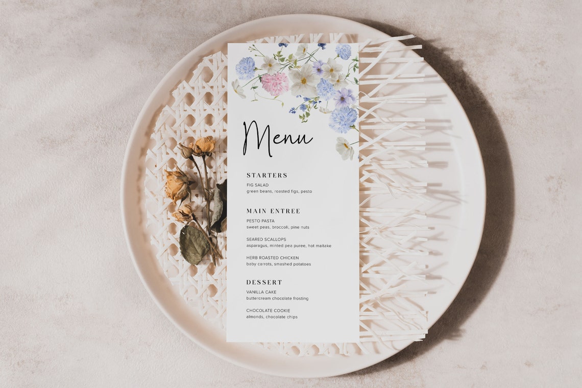 Blue Floral Menu Template, Wildflower Wedding Menu, Wildflower Bridal ...