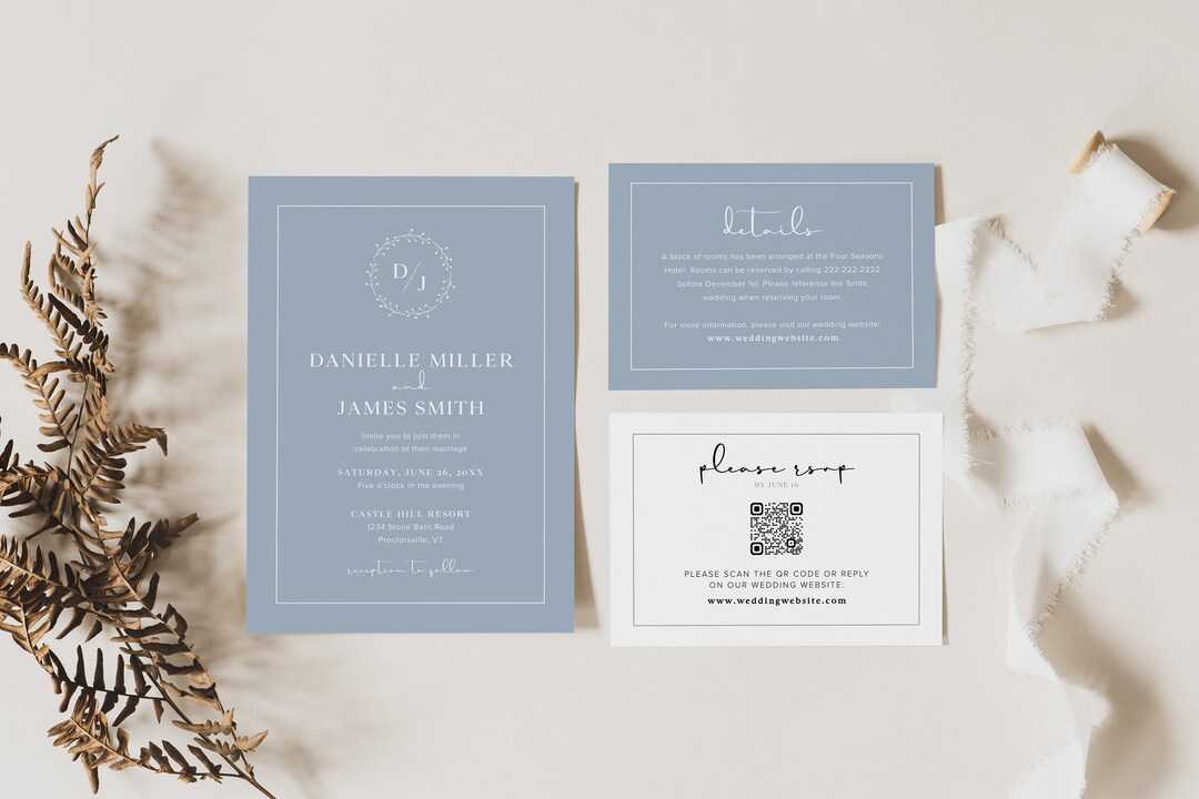 Dusty Blue Wedding Invitation Suite Templates, Blue Wedding, Minimalist ...