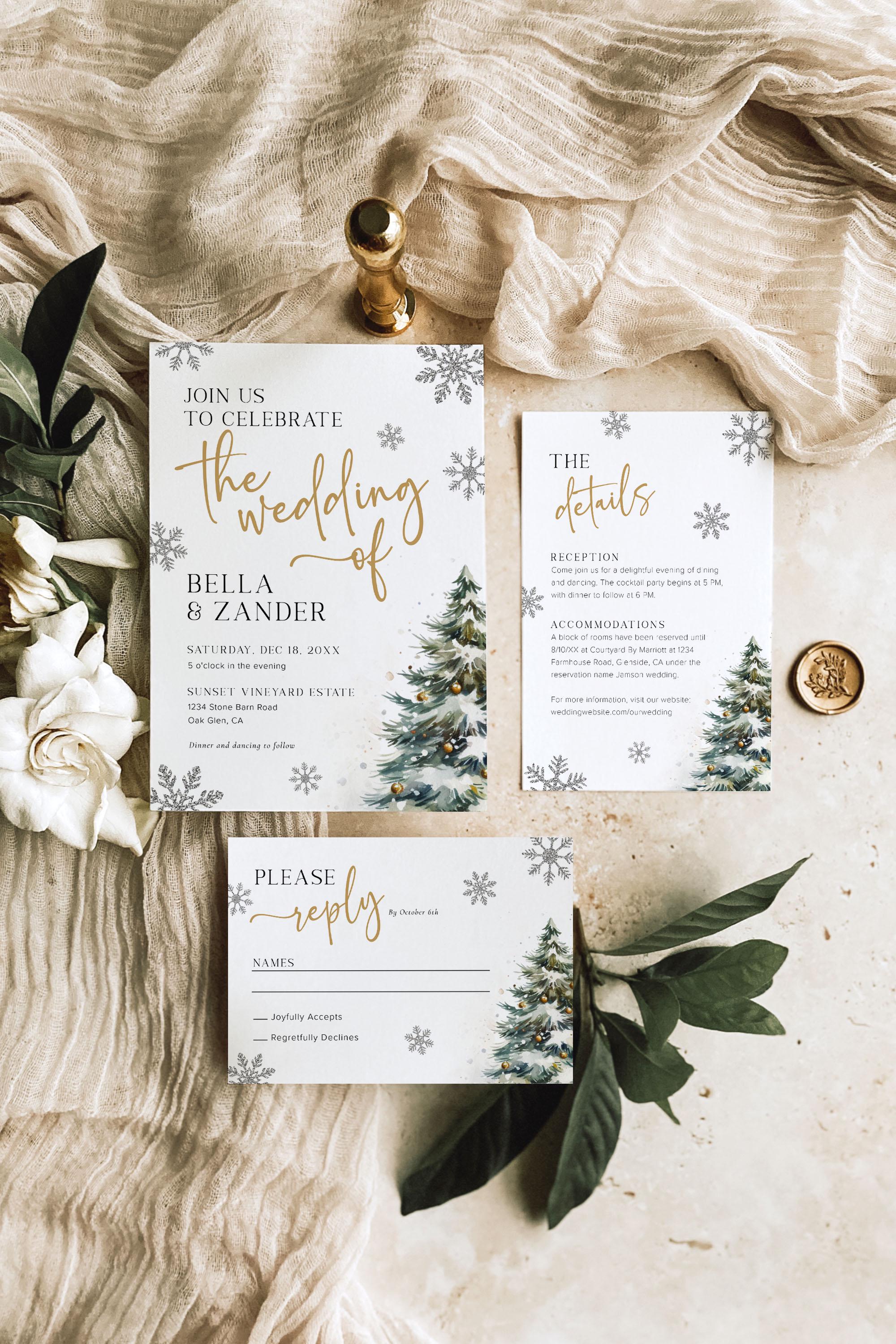Winter Wedding Bundle Template, Christmas Wedding Invitation, Snowflake ...
