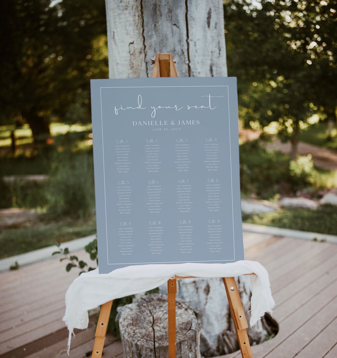 Dusty Blue Wedding Seating Chart Sign Template, Elegant Wedding Seating ...