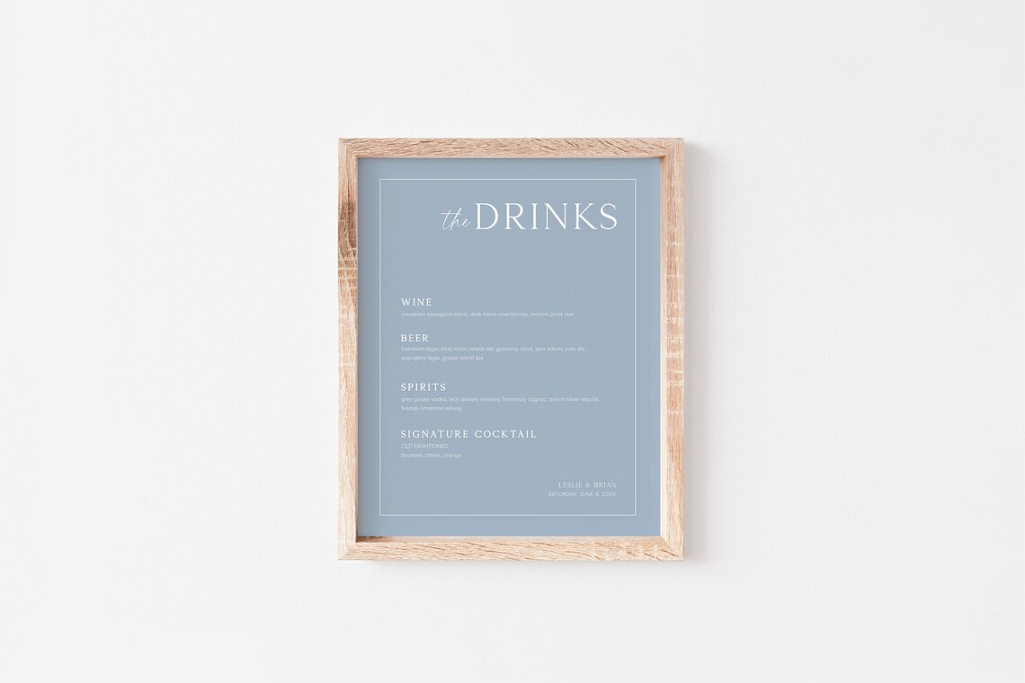 Dusty Blue Wedding Bar Menu Template, Modern Wedding Drink Menu ...