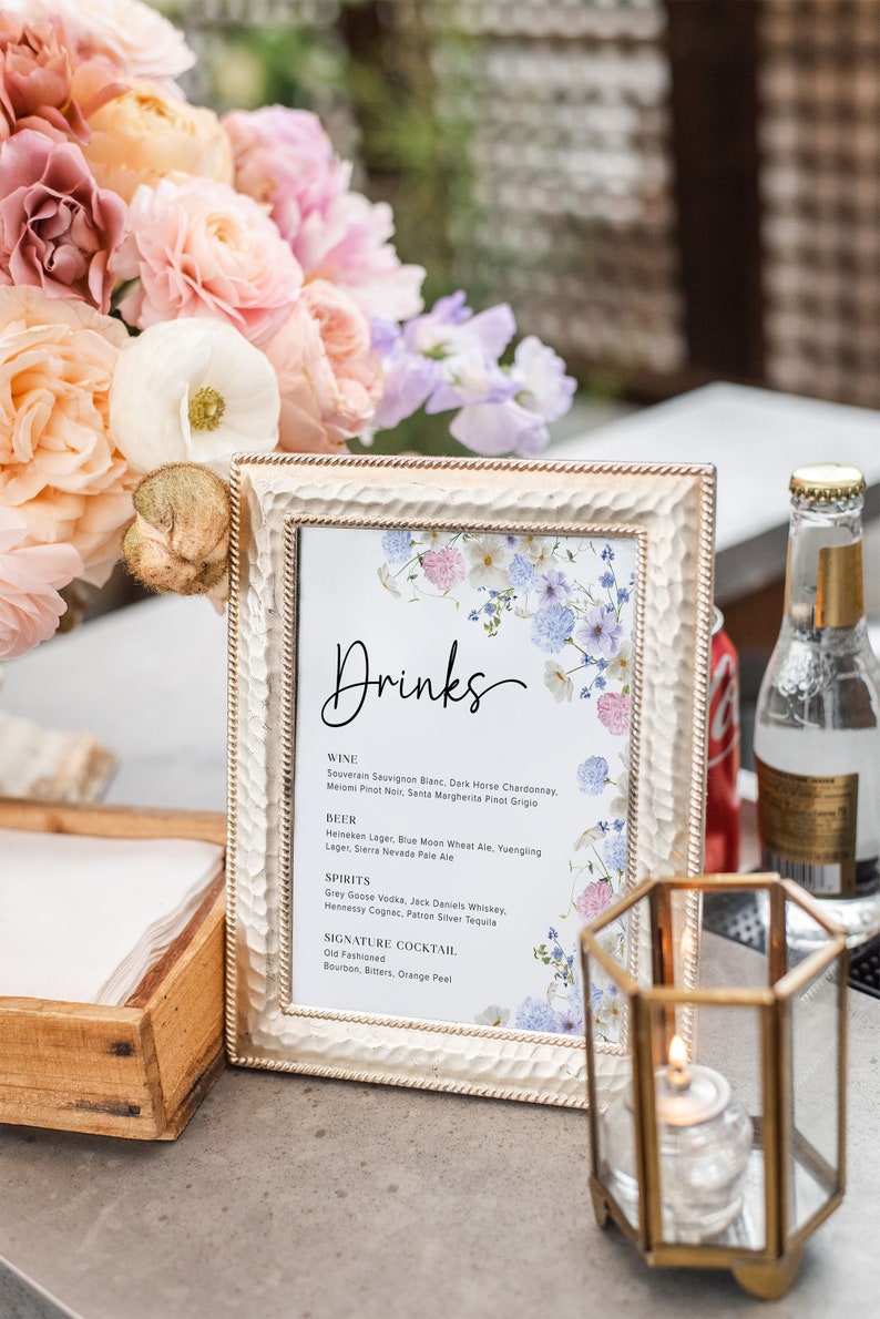 Blue Floral Bar Menu Template, Wildflower Bar Menu, Dusty Blue Wedding ...