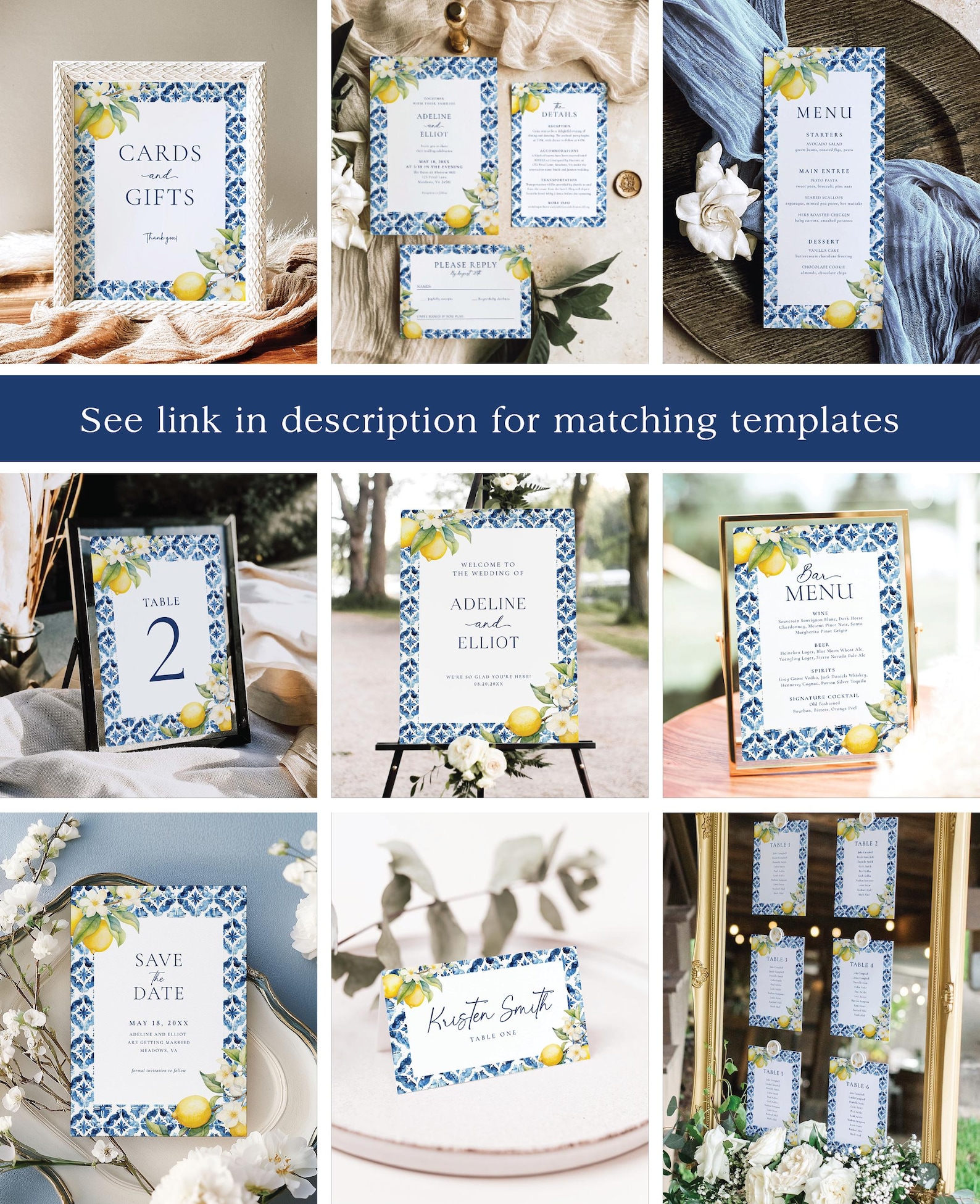 Mediterranean Wedding Menu Template, Italy Wedding Menu Blue Tile Lemon ...