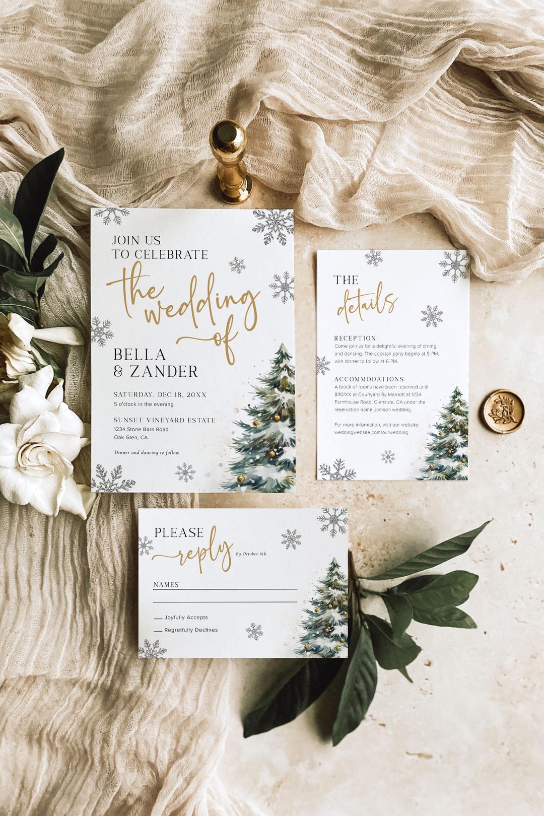 Winter Wedding Invitation Template, Christmas Wedding Invitation, Snowflake Wedding Invite, Snow ...