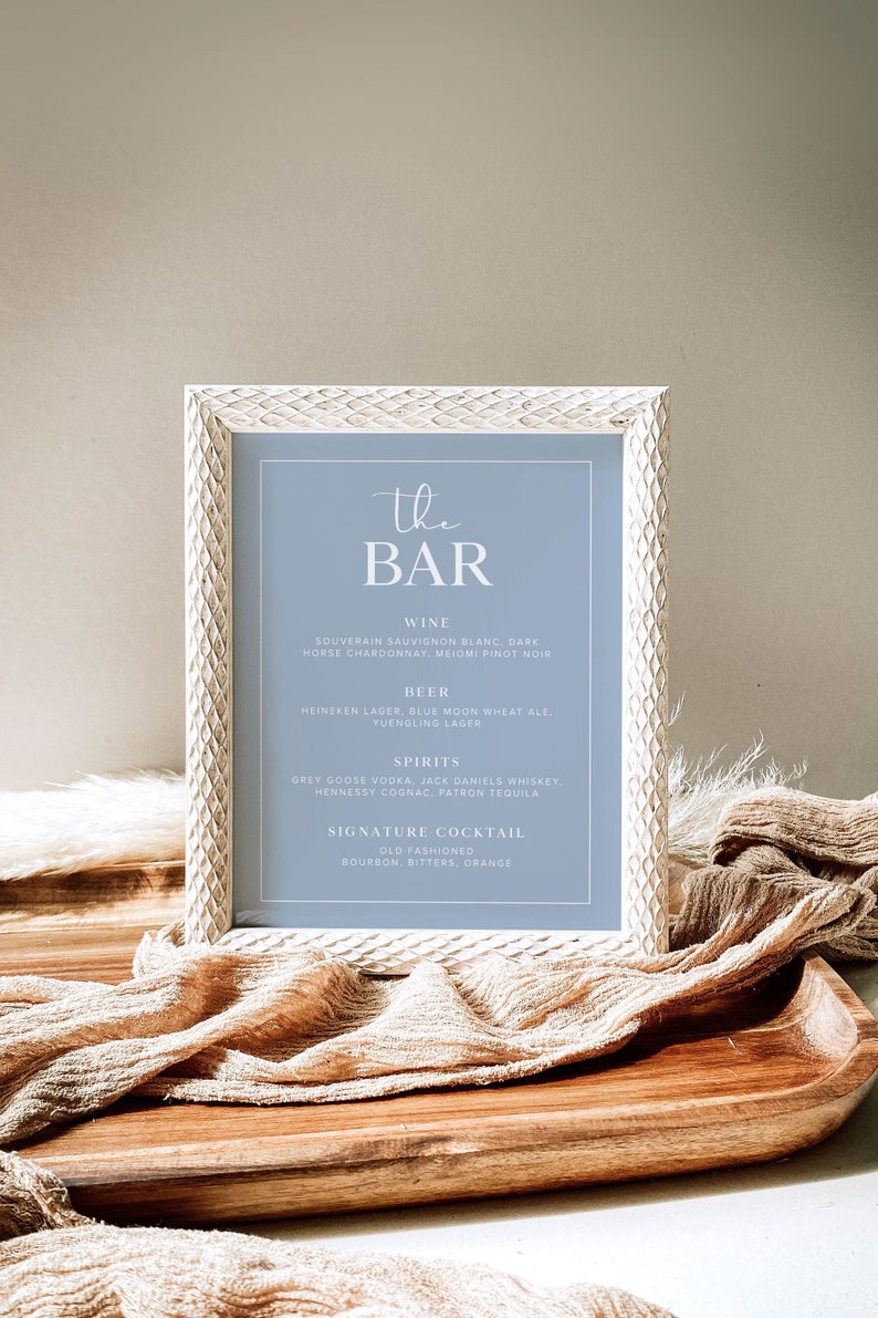 Dusty Blue Wedding Bar Menu Template, Minimalist Wedding Drink Menu ...