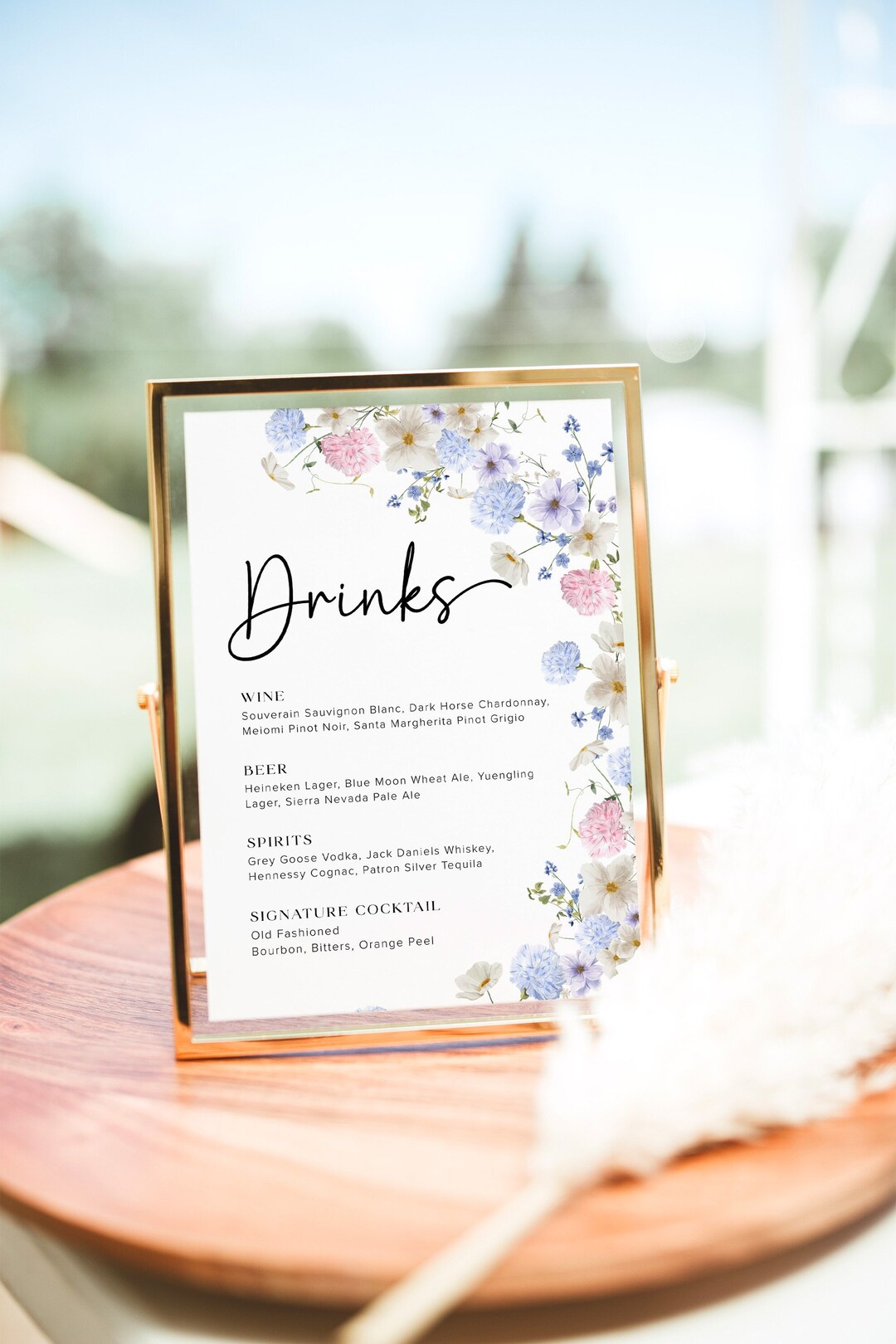 Blue Floral Bar Menu Template, Wildflower Bar Menu, Dusty Blue Wedding ...