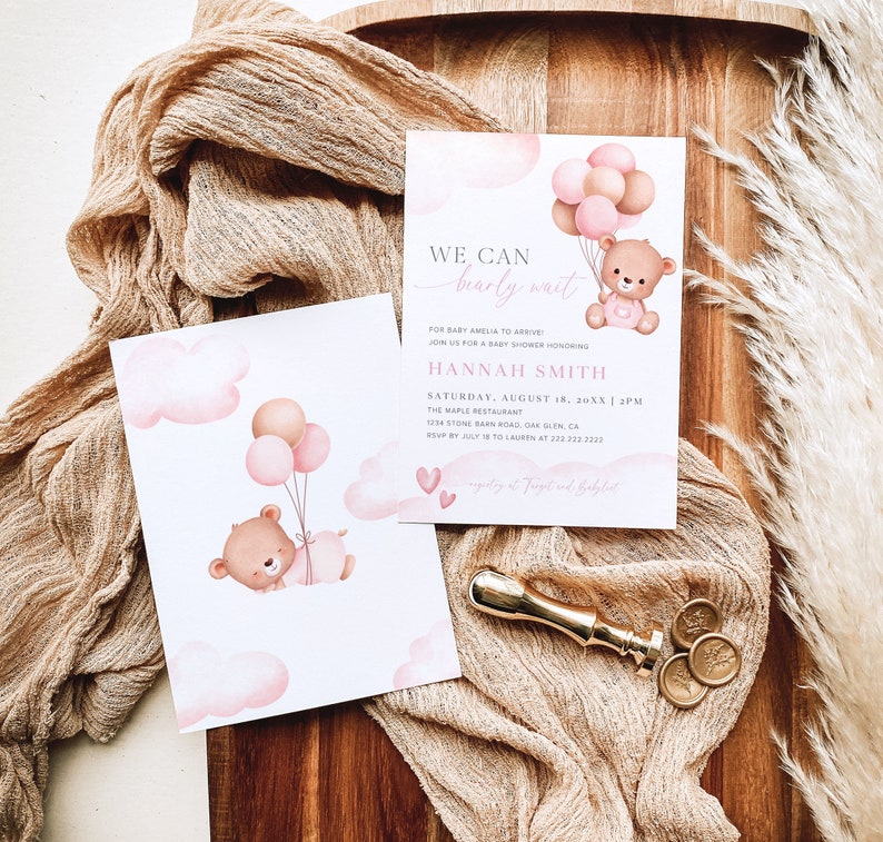 Girl Teddy Bear Theme Baby Shower Invitation Template, Editable Pink ...