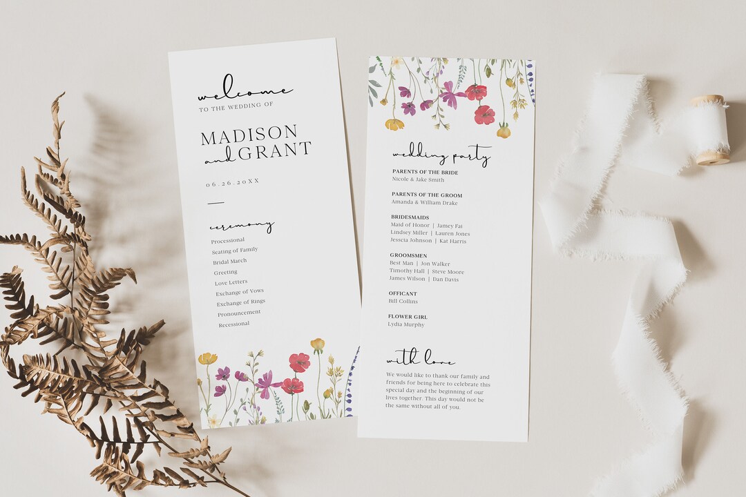 Wildflower Wedding Program Template, Boho Ceremony Program Card, Floral ...
