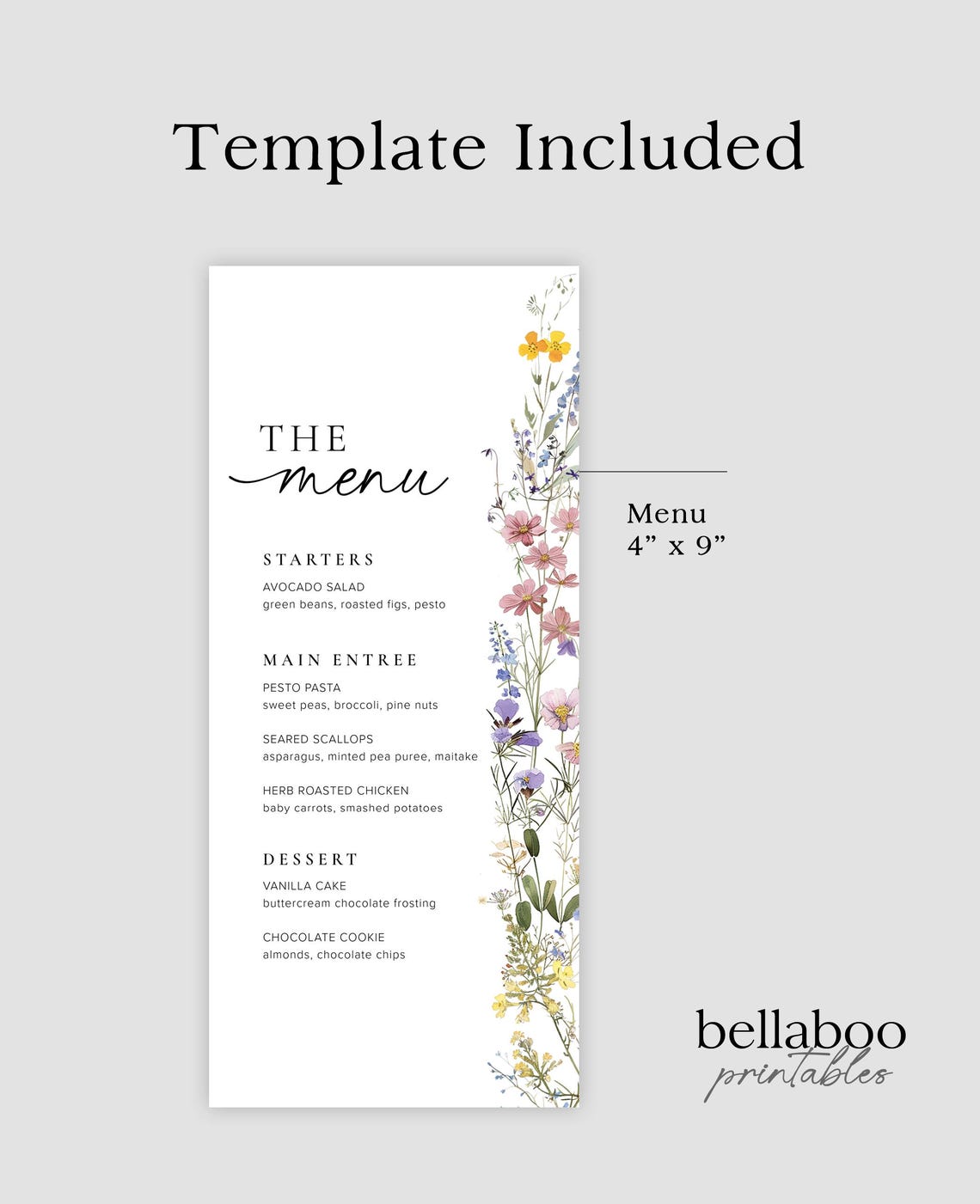 Wildflower Menu Template, Wildflower Wedding Menu Floral Bridal Shower ...