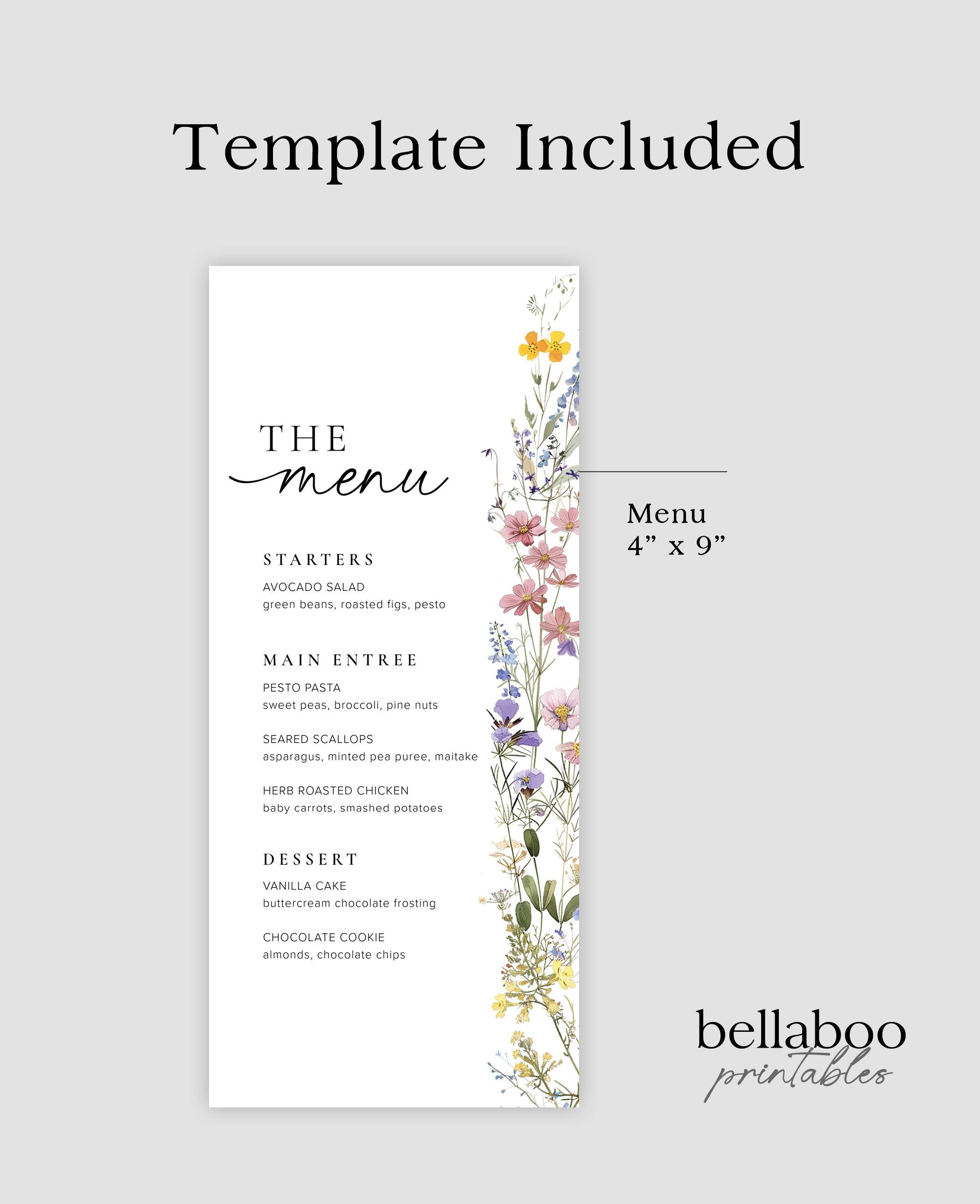 Wildflower Menu Template, Wildflower Wedding Menu Floral Bridal Shower ...