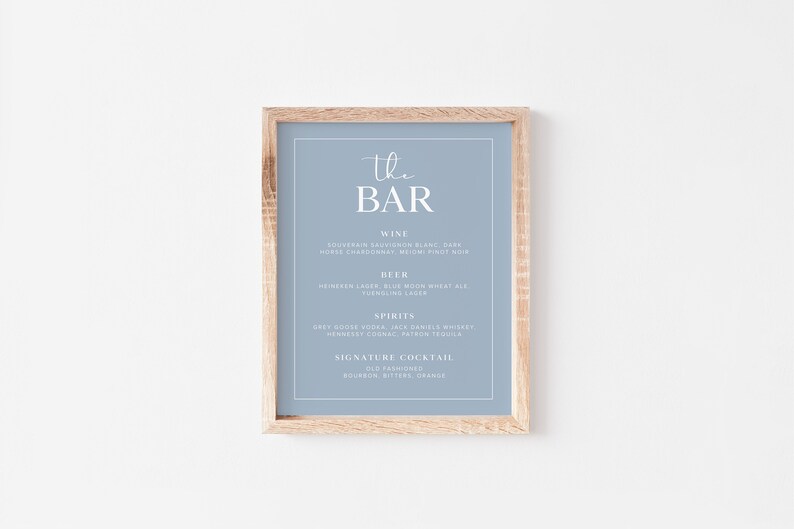 Dusty Blue Wedding Bar Menu Template, Minimalist Wedding Drink Menu ...