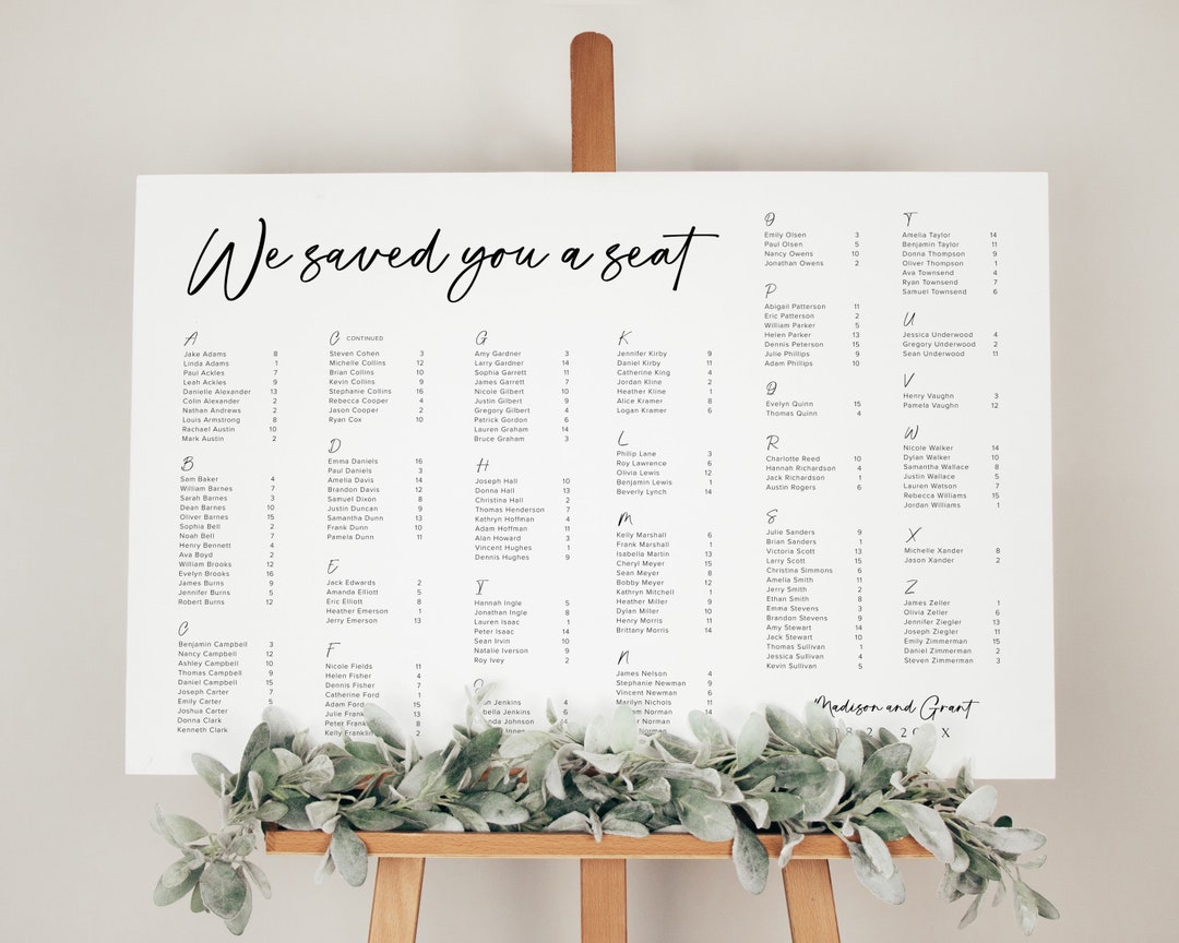 Alphabetical Seating Chart Template, Minimalist Seating Chart Sign ...