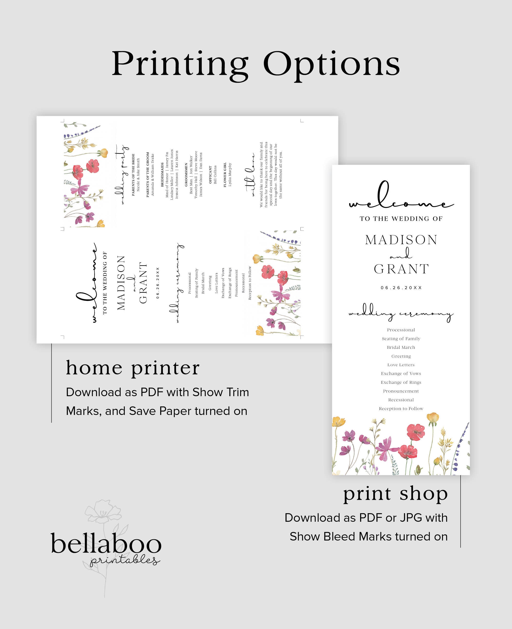 Floral Ceremony Program Template, Boho Wedding Program Card, Wildflower Order of Service, DIY ...