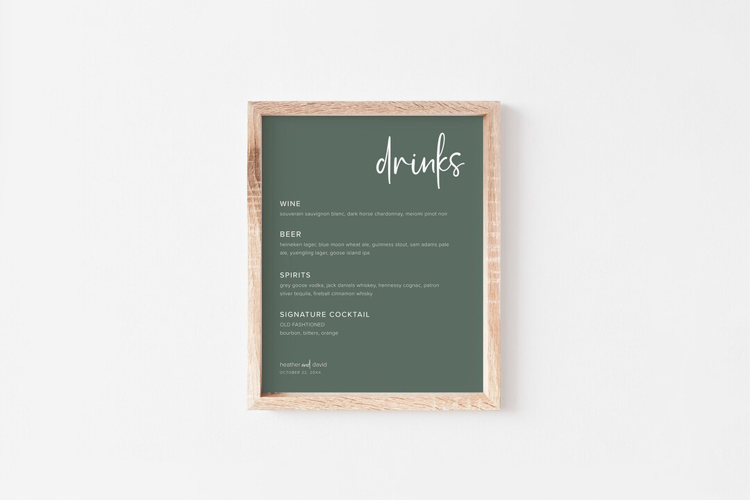 Sage Green Bar Menu Template, Printable Sage Green Bar Sign, Minimalist ...