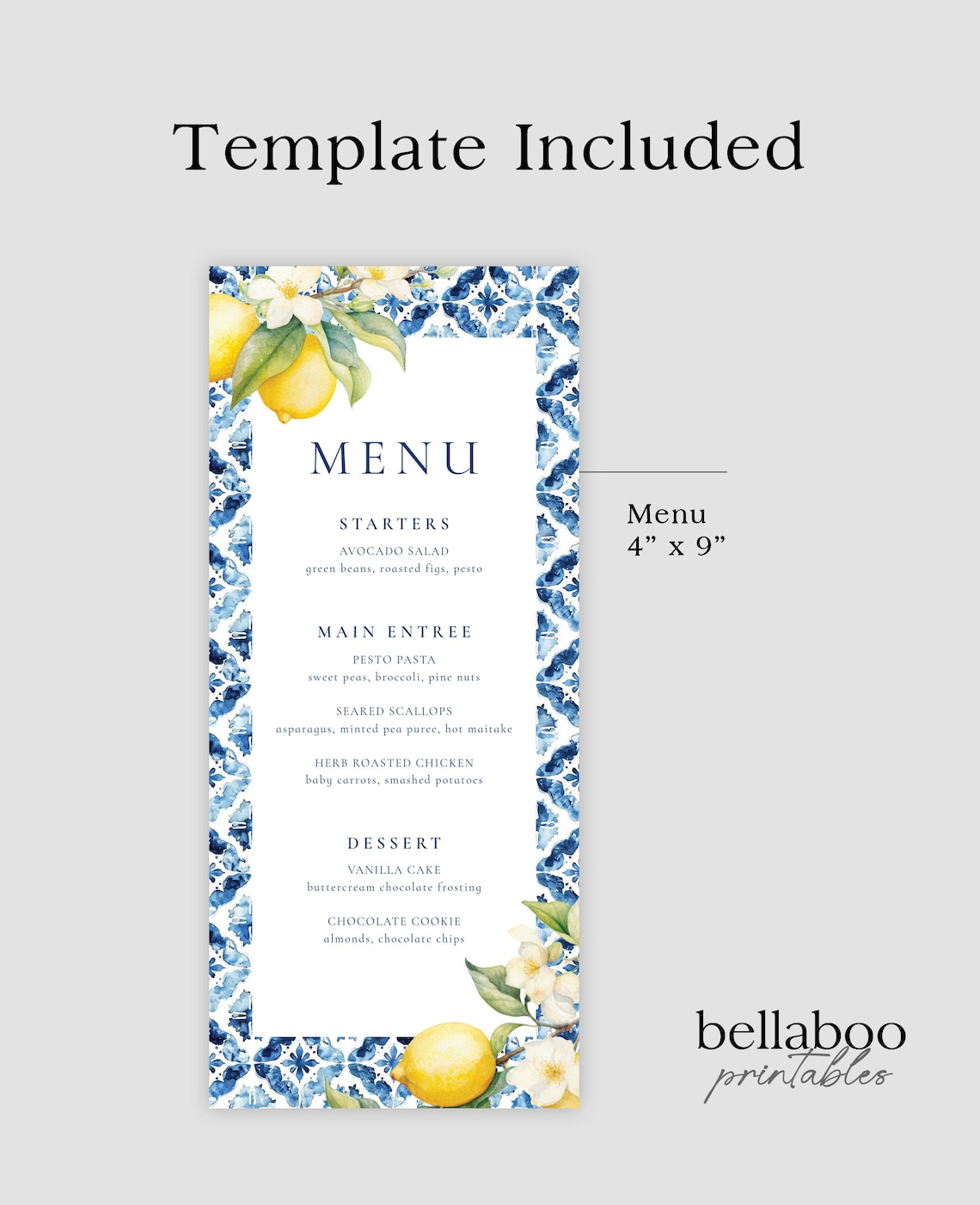 Mediterranean Wedding Menu Template, Italy Wedding Menu Blue Tile Lemon ...