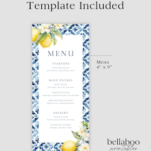 Mediterranean Wedding Menu Template, Italy Wedding Menu Blue Tile Lemon ...