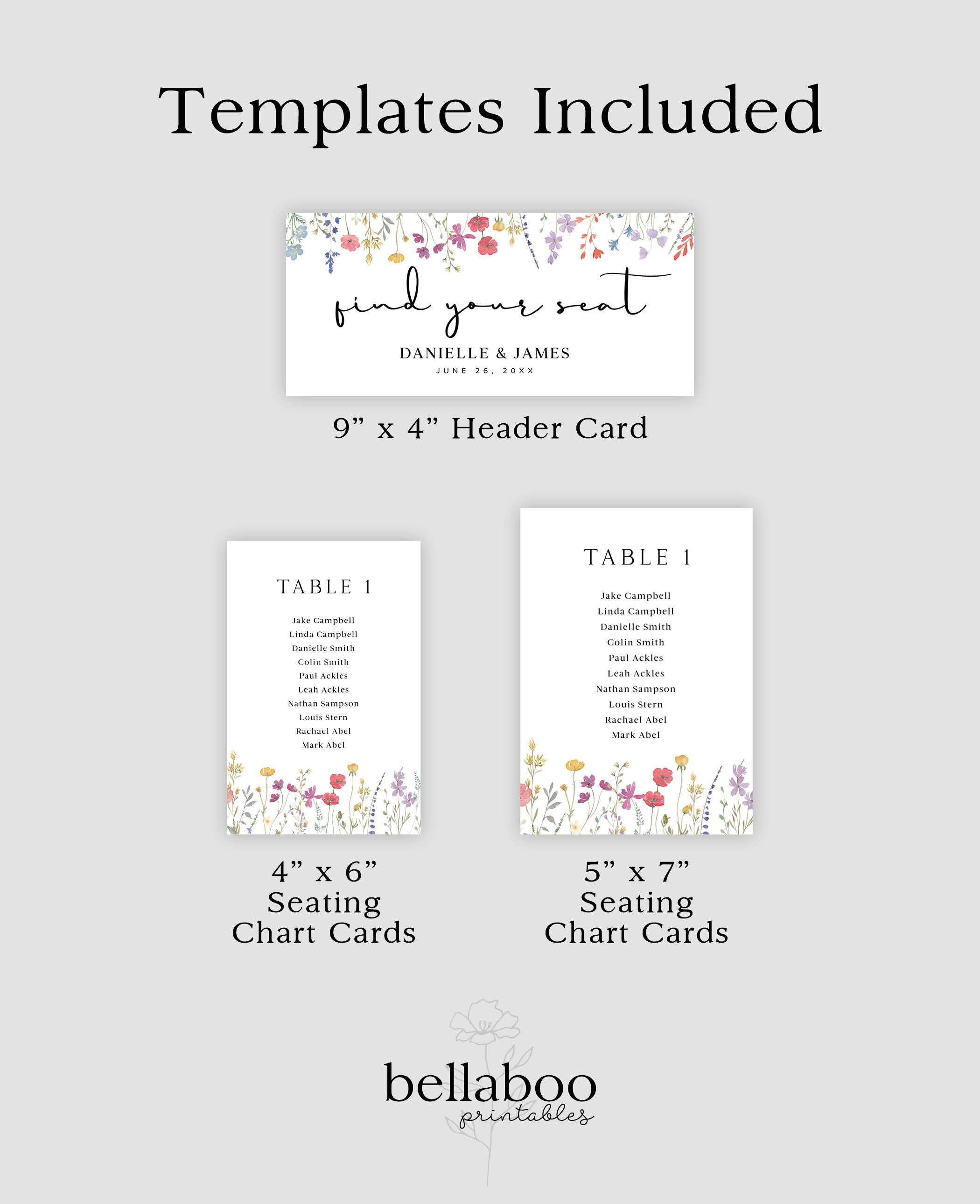 Wildflower Seating Chart Card Template, Wedding Seating Chart Cards ...