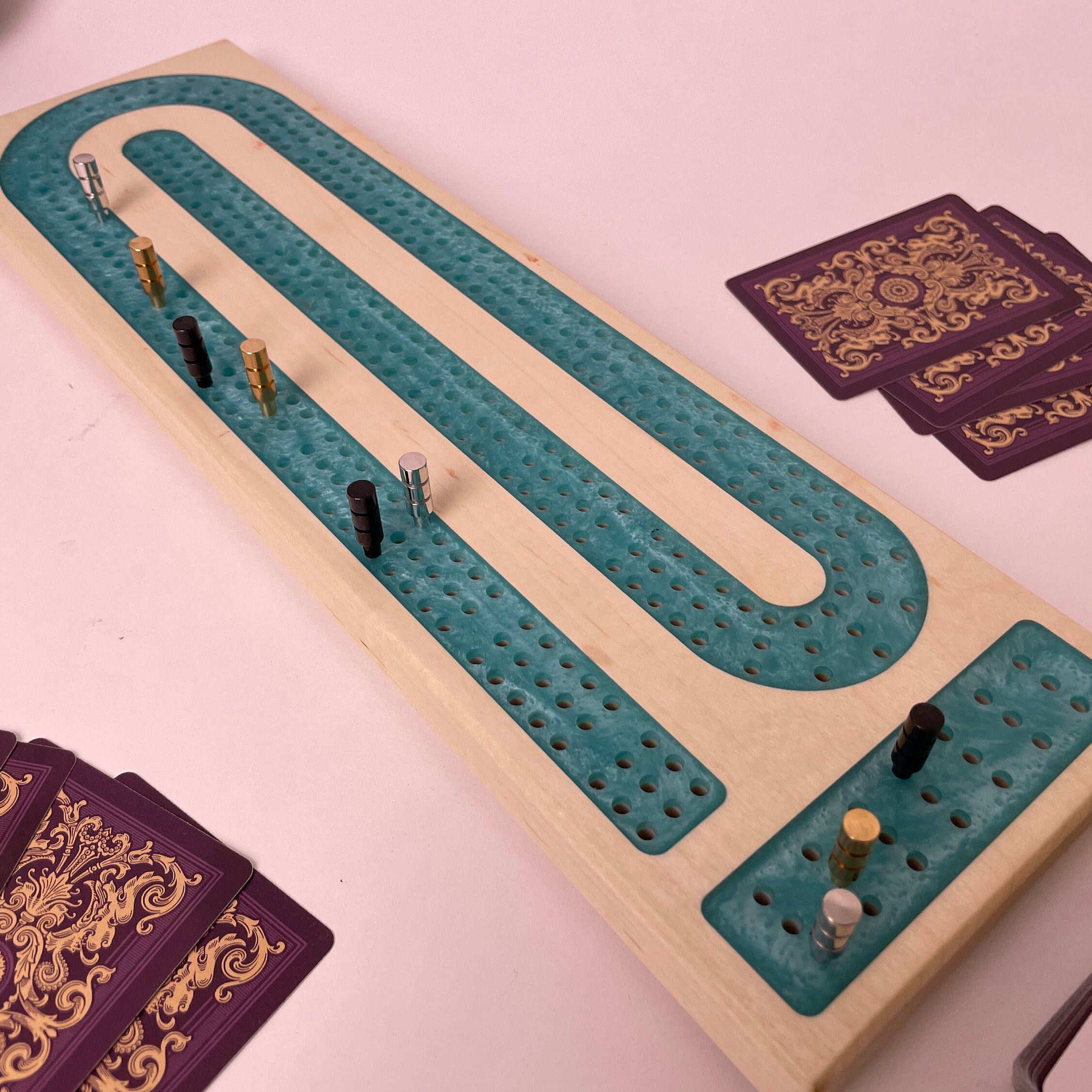 Premium Cribbage Board Glacier Blue Resin Inlay With Peg Storage Comes With 6 Metal Pegs ...