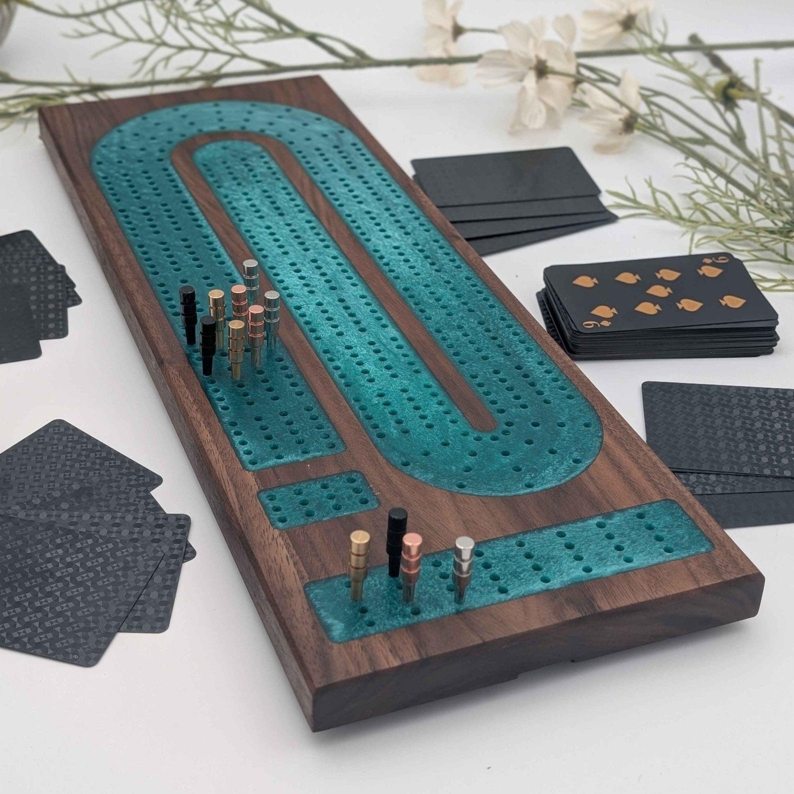 Four Lane Cribbage Board - Emerald Resin Inlay - Etsy