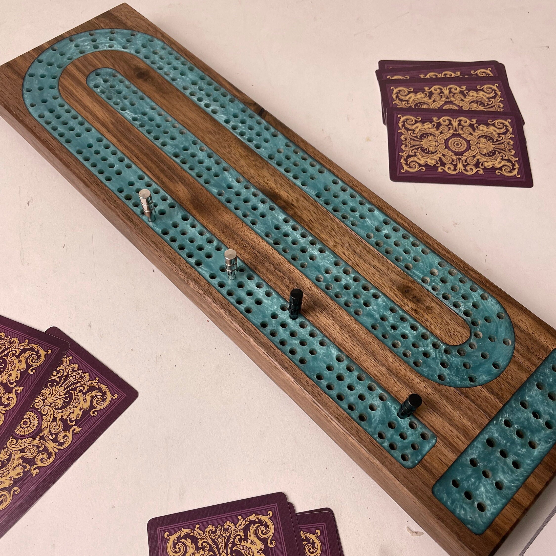 Premium Cribbage Board Glacier Blue Resin Inlay With Peg Storage Comes With 6 Metal Pegs ...