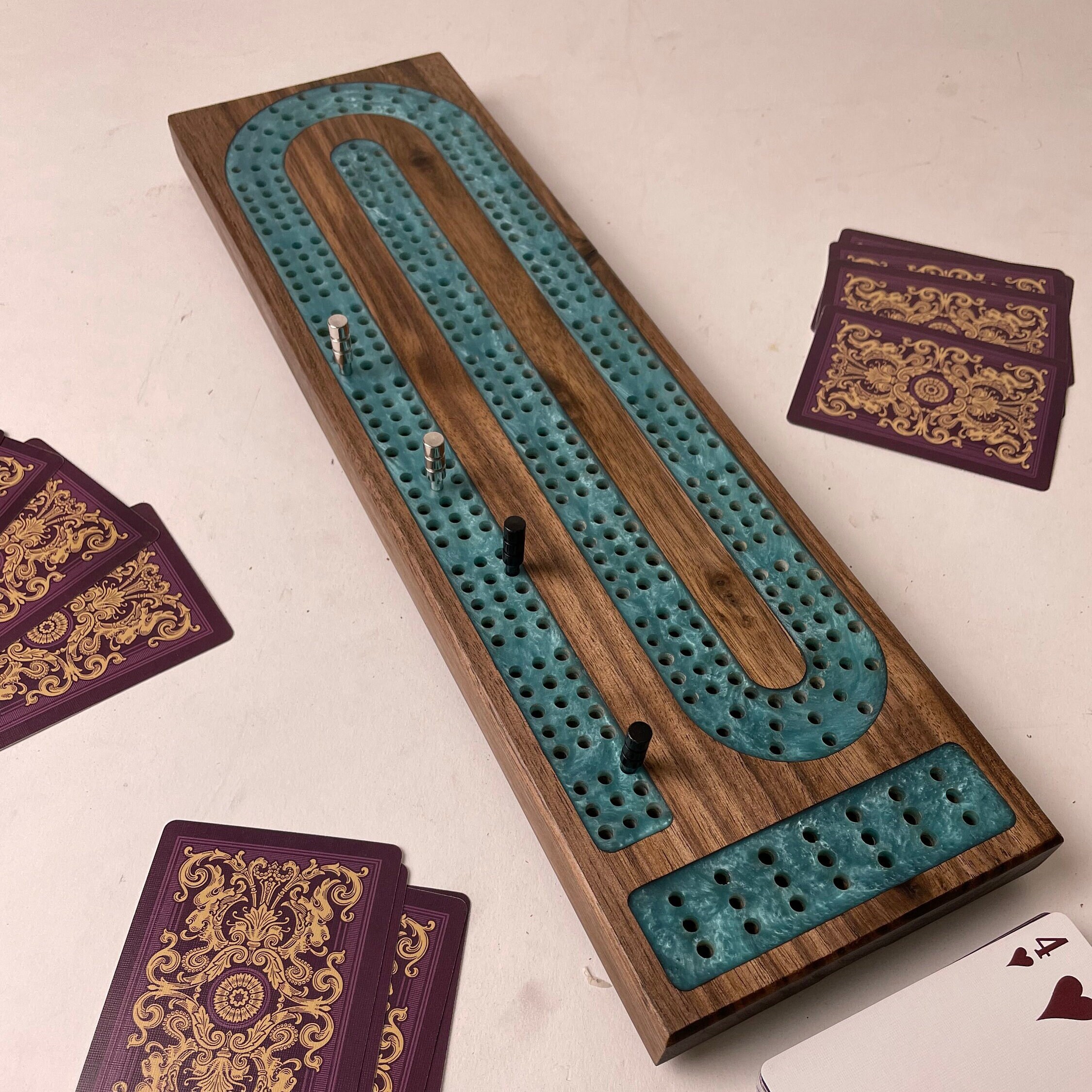 Premium Cribbage Board Glacier Blue Resin Inlay With Peg Storage Comes ...