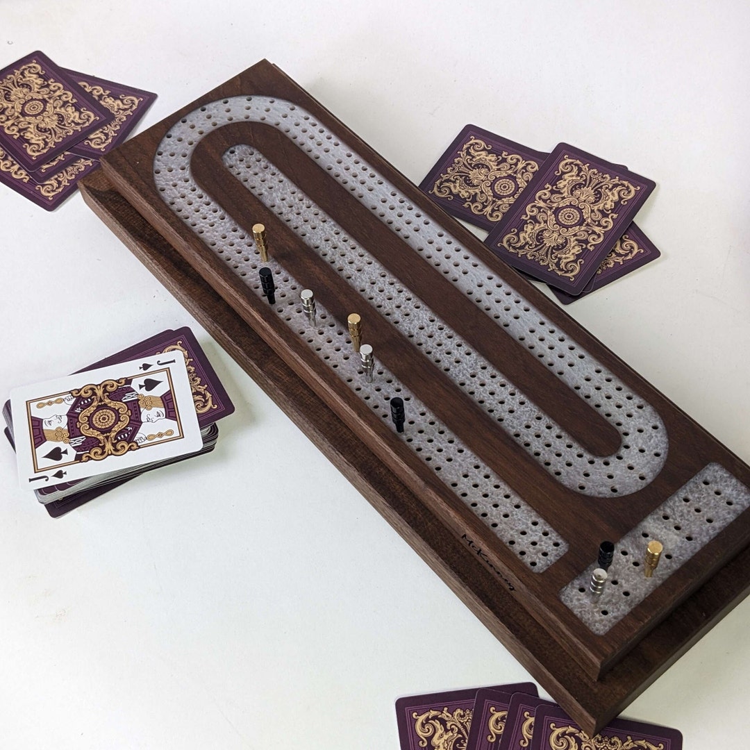 Premium Cribbage Board With Titanium Resin Inlay With Peg & Card Storage | Personalization ...