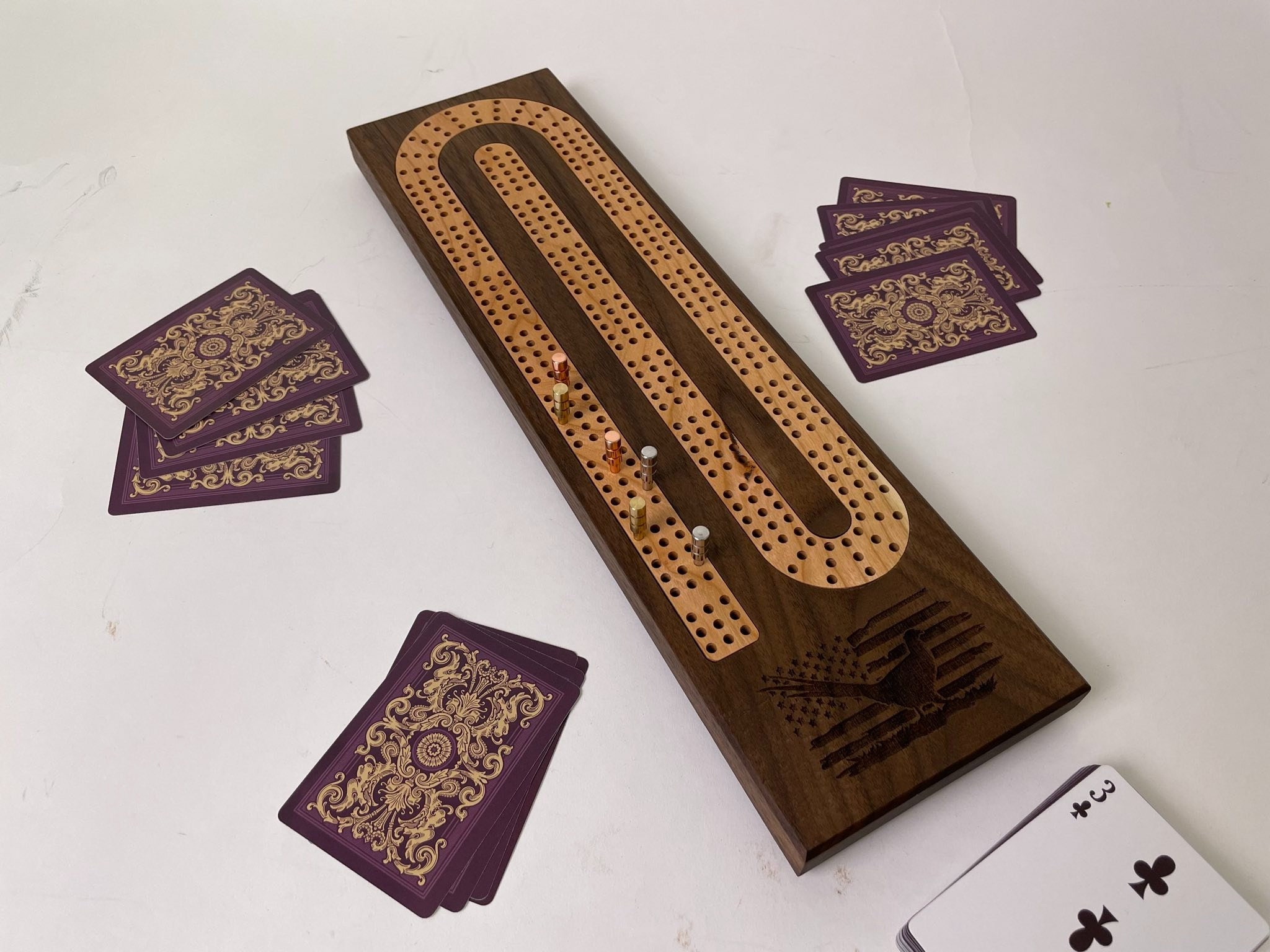 Premium Cribbage Board With Wooden Inlay | Comes With 6 Metal Pegs ...