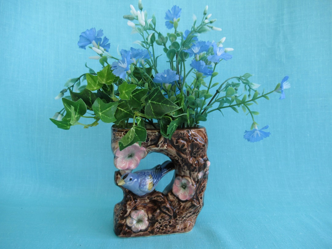 Vintage Blue Bird on Cherry Blossom Tree, Vase, Planter, Florart Japan ...