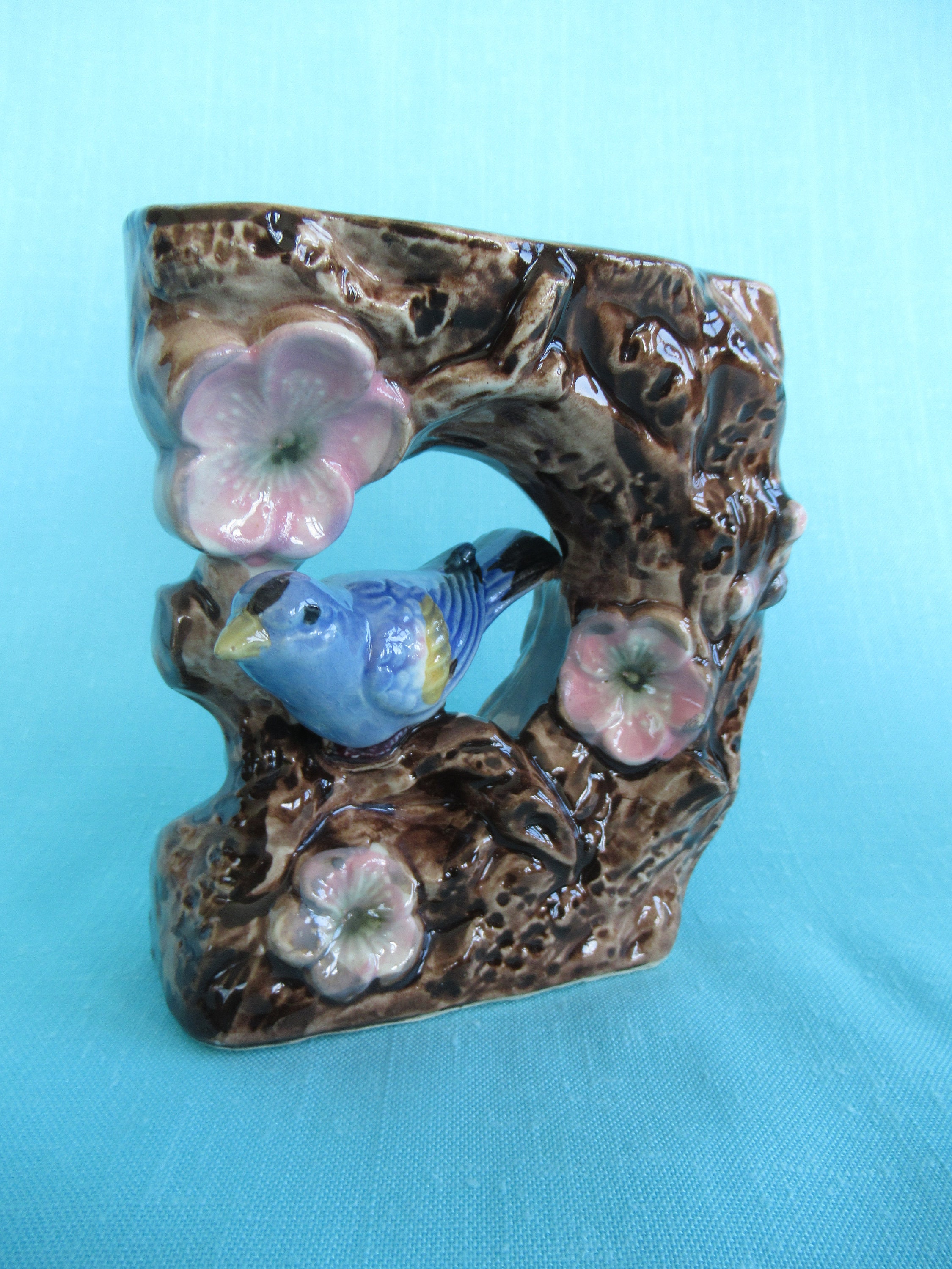 Vintage Blue Bird on Cherry Blossom Tree, Vase, Planter, Florart Japan ...