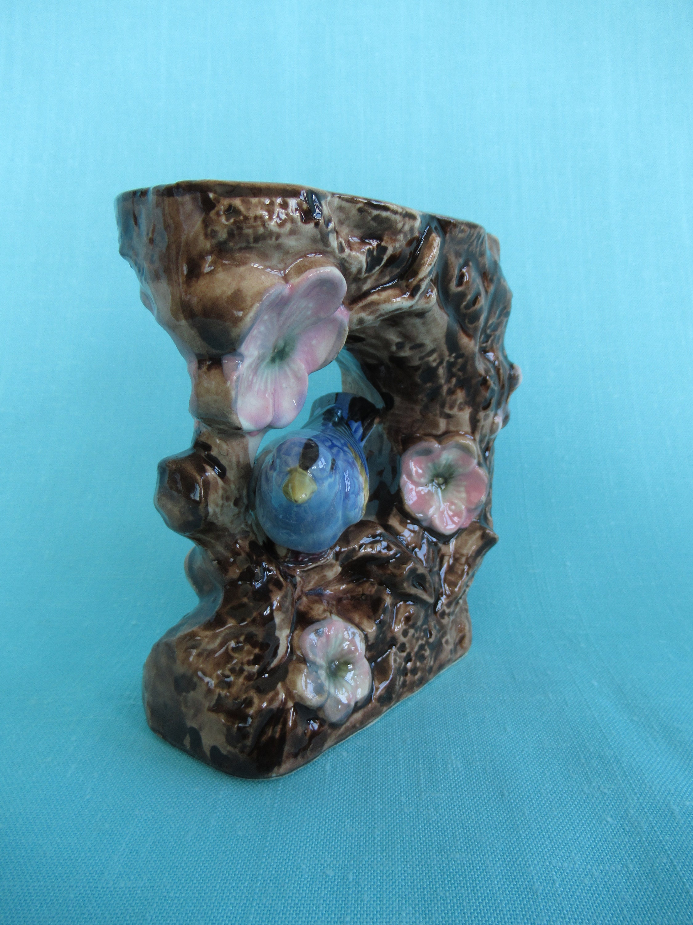 Vintage Blue Bird on Cherry Blossom Tree, Vase, Planter, Florart Japan ...