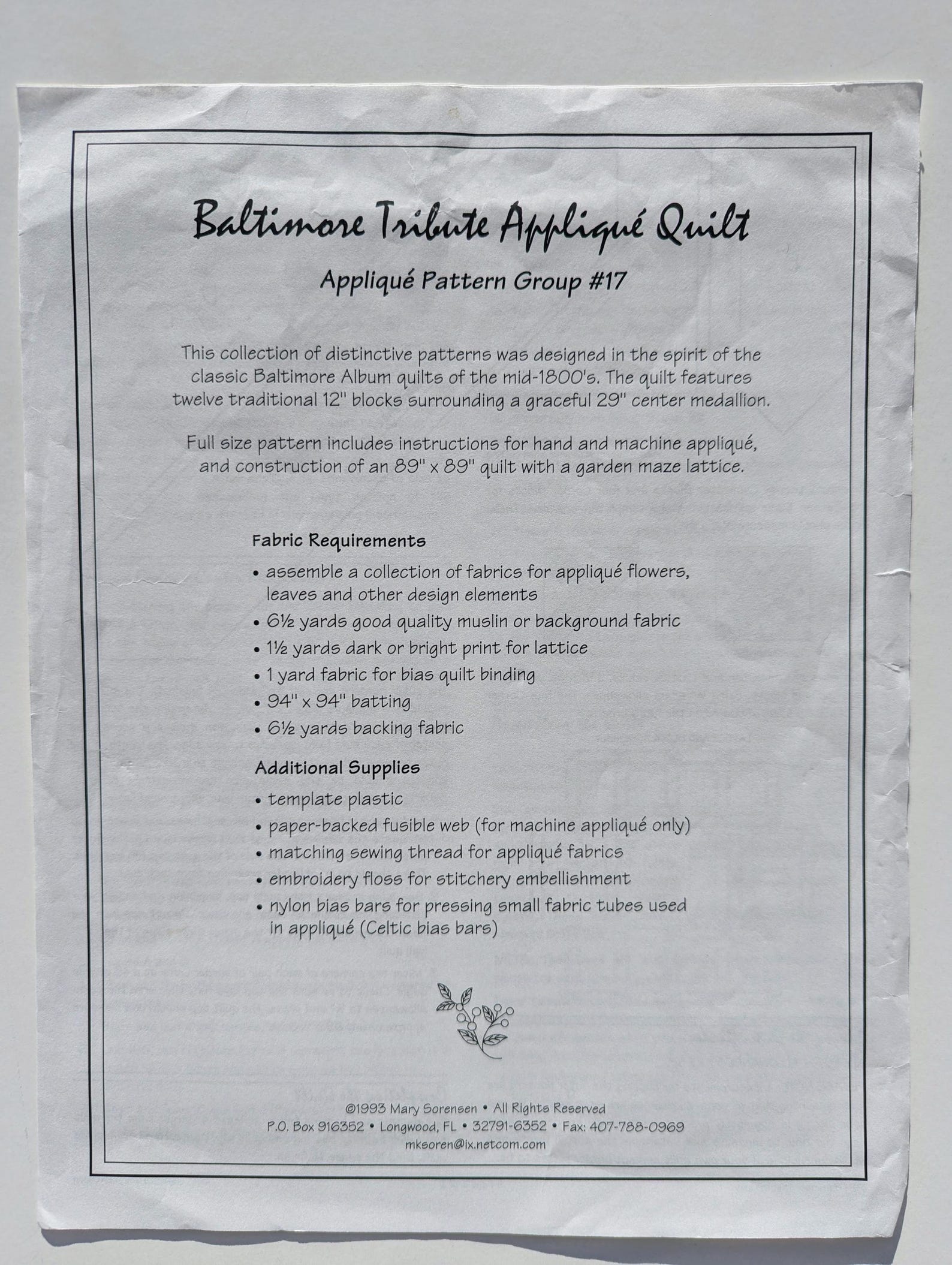 Baltimore Tribute Quilt Patterns and Instructions, Mary Sorensen ...