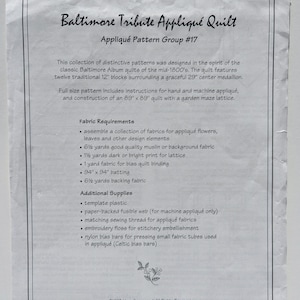 Baltimore Tribute Quilt Patterns and Instructions, Mary Sorensen ...