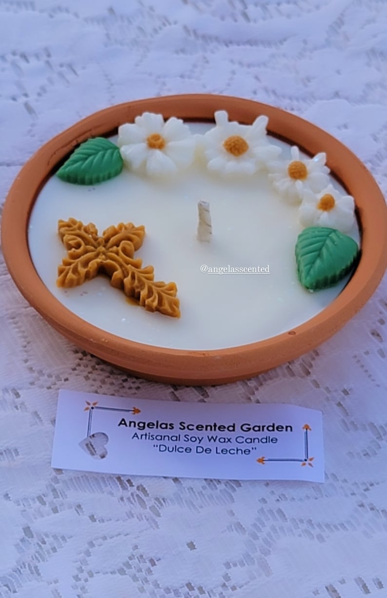 Mexican Dulce De Leche Soy Candle: Handmade Barro Dish, Cross & Flowers ...