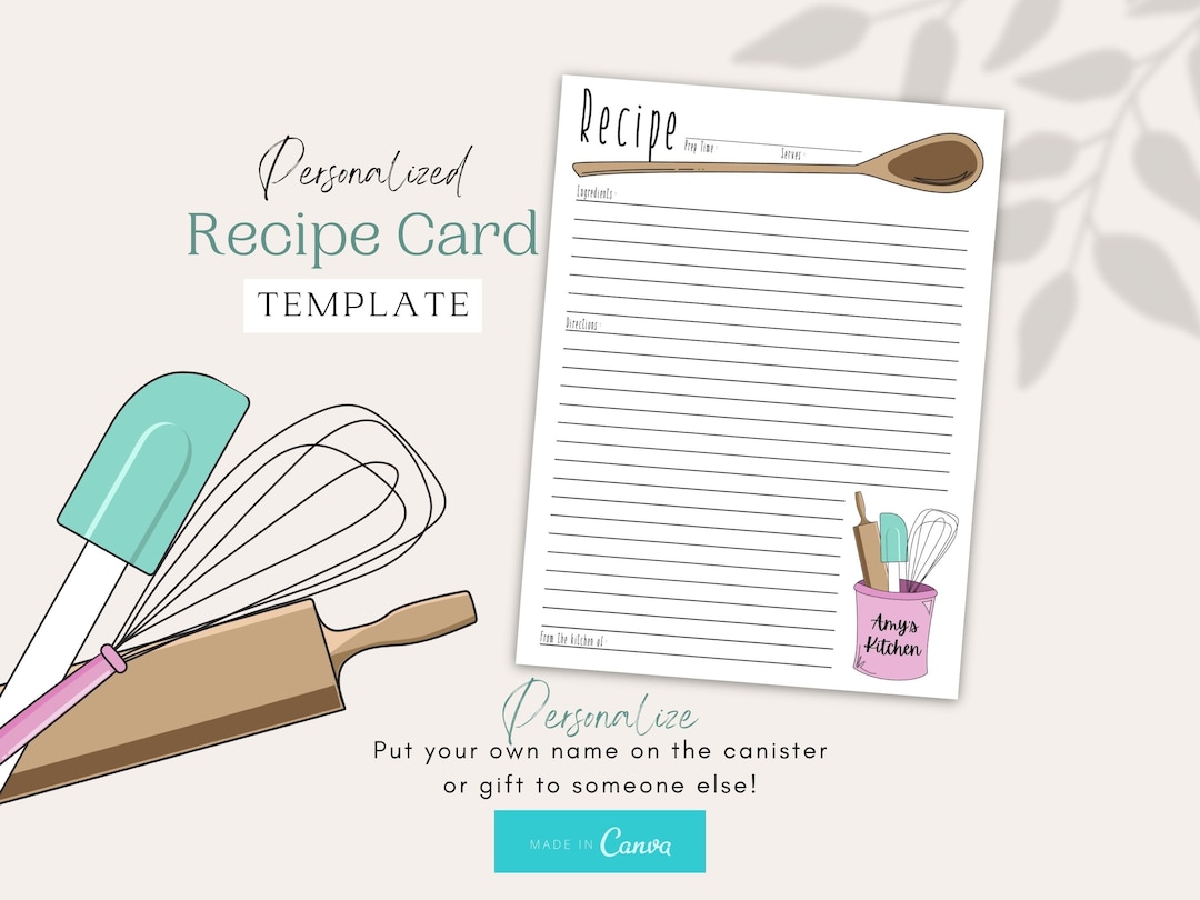 Customizable Recipe Card Template, Wooden Spoon Recipe Card, Canva ...