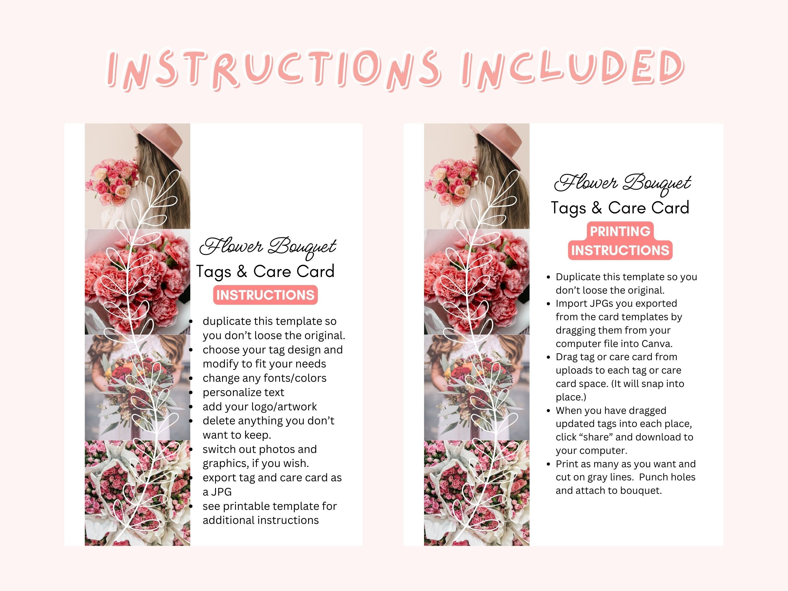 Flower Bouquet Tags Template, Flower Care Card, Flower Farmer Tags ...