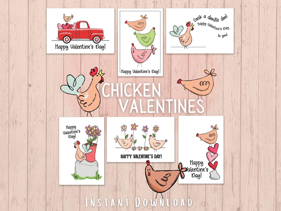 Whimsical Chicken Valentine Cards: Farm Animal Printables (digital ...