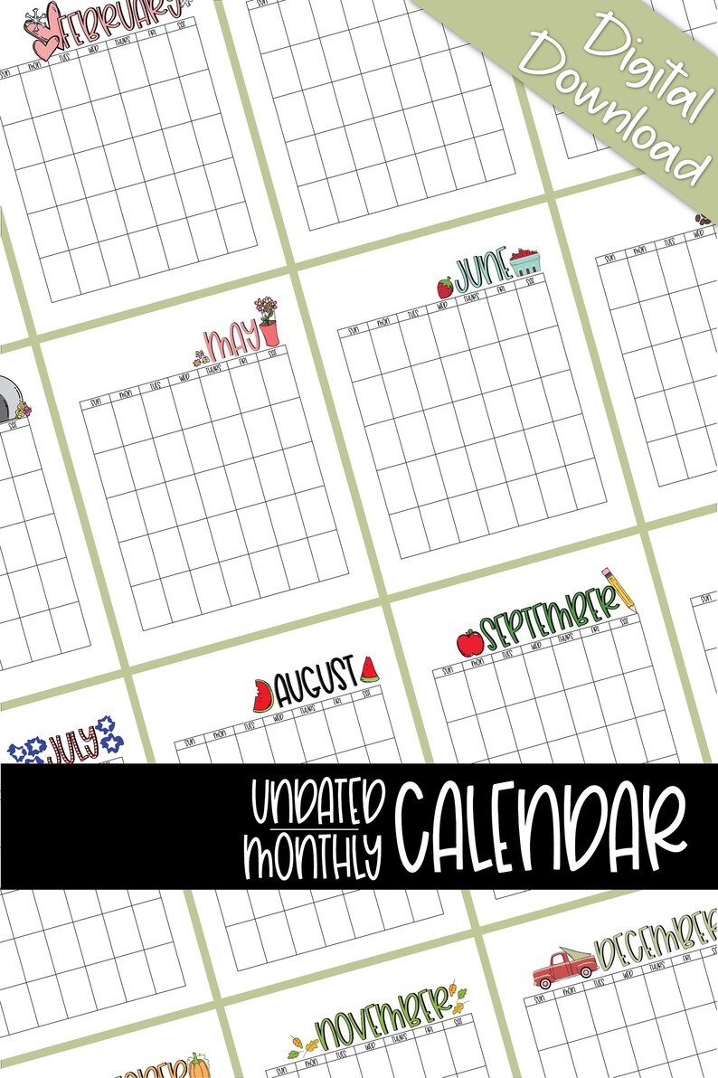 Monthly Calendar Set Seasonal Calendars Bullet Journal - Etsy