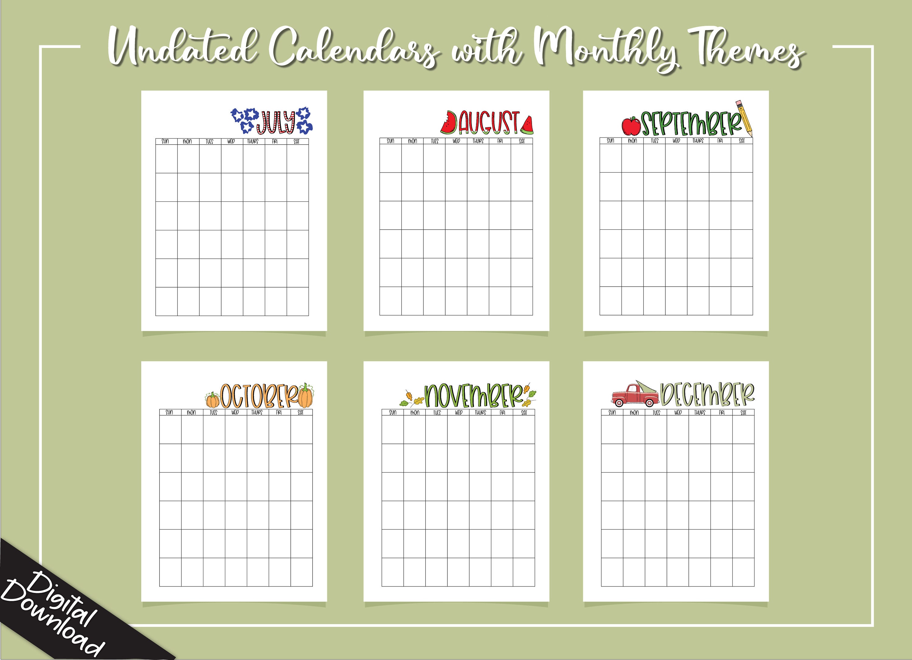 Monthly Calendar Set Seasonal Calendars Perpetual Calendar Calendar for ...