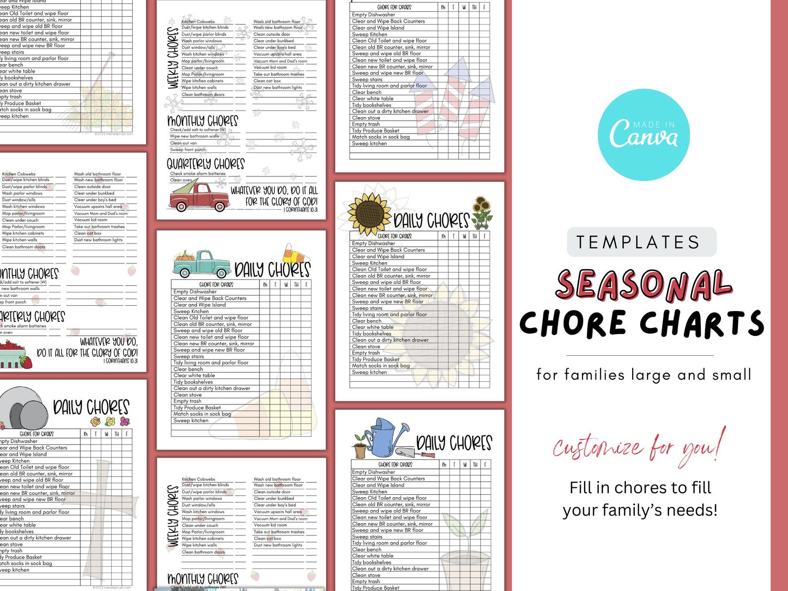 Seasonal Chore Chart Bundle, Family Organizer (digital Download) - Etsy